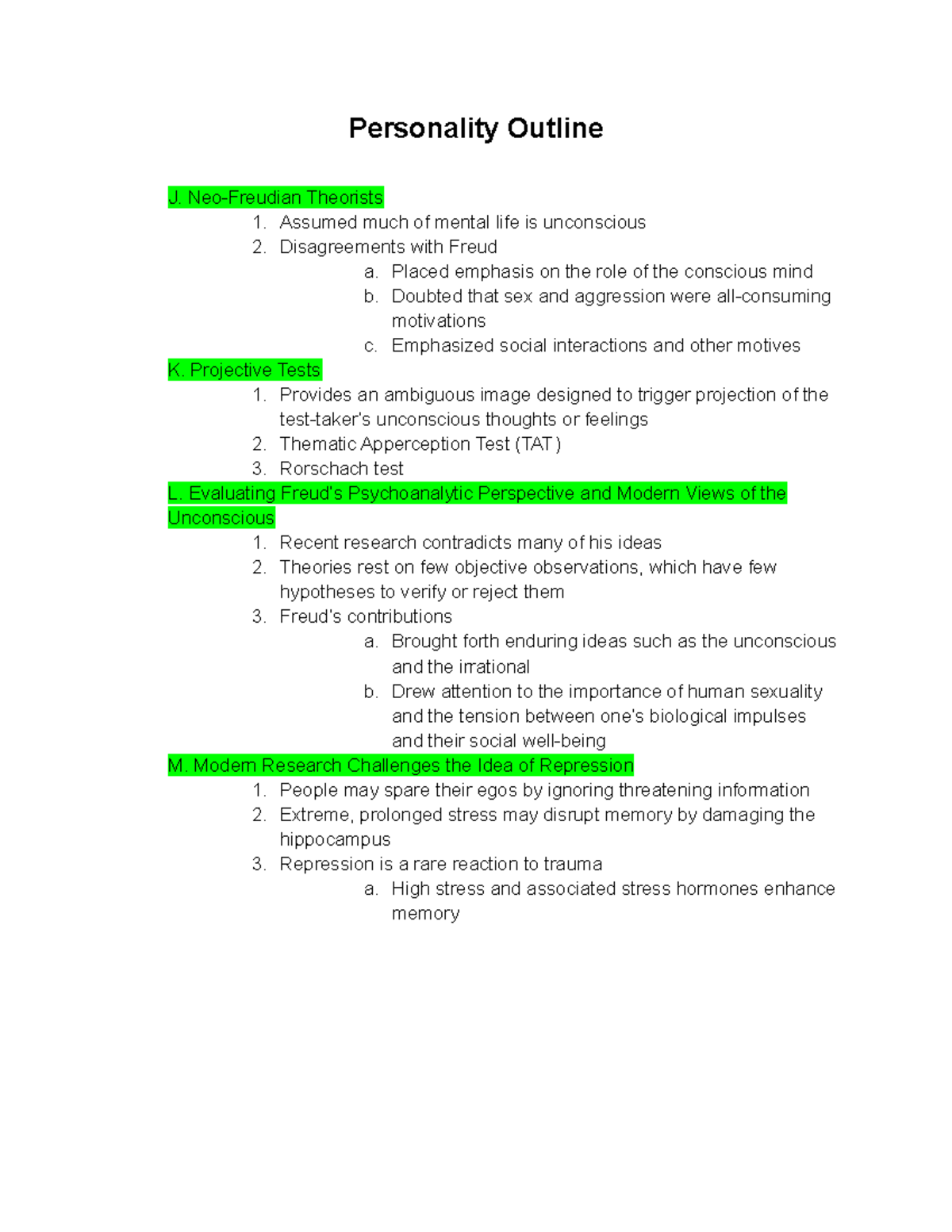 General Psychology-Ch.12 Personality Outline Notes - Personality ...