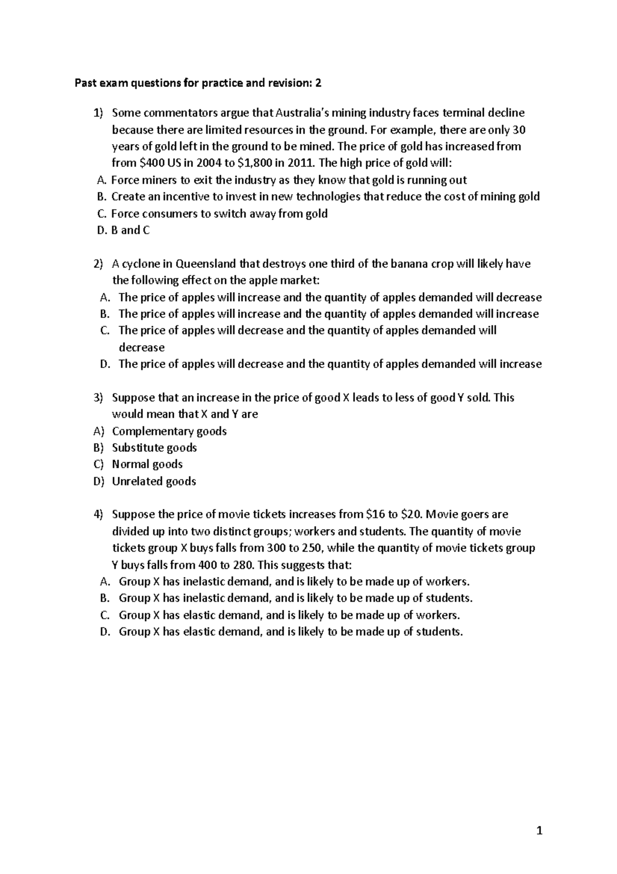 Past exam questions on Supply Demand and elasticity - Past exam ...