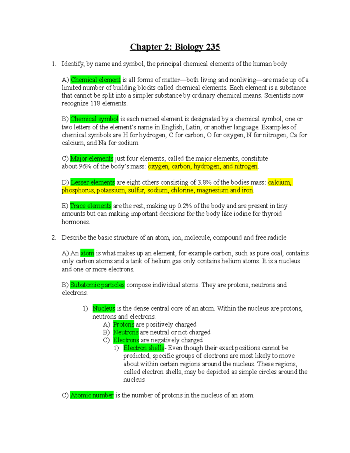 Docx - Personal lecture notes - Chapter 2: Biology 235 Identify, by ...