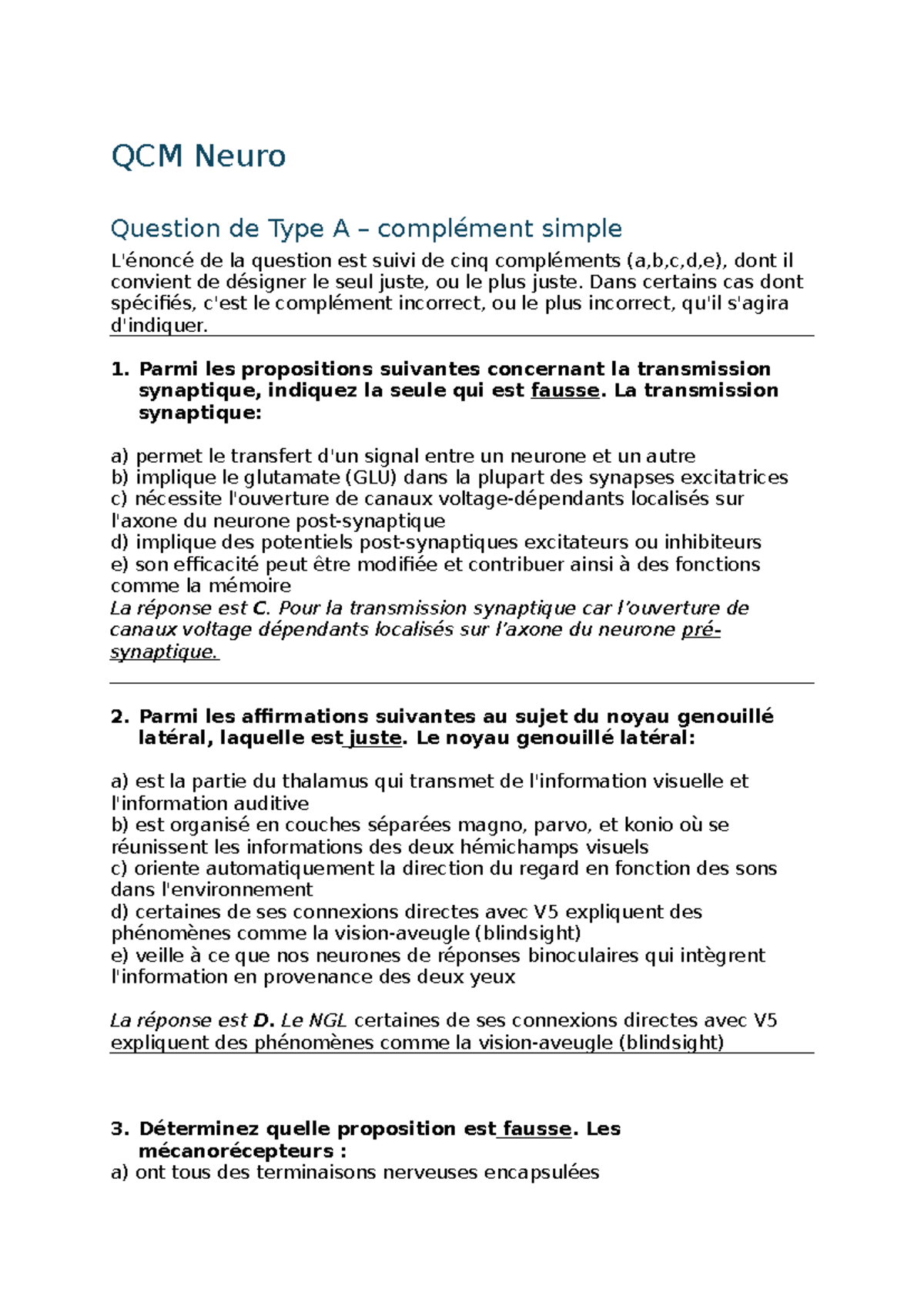 QCM Neuro réponses - les questions des anciens examen - QCM Neuro Question de Type A ...