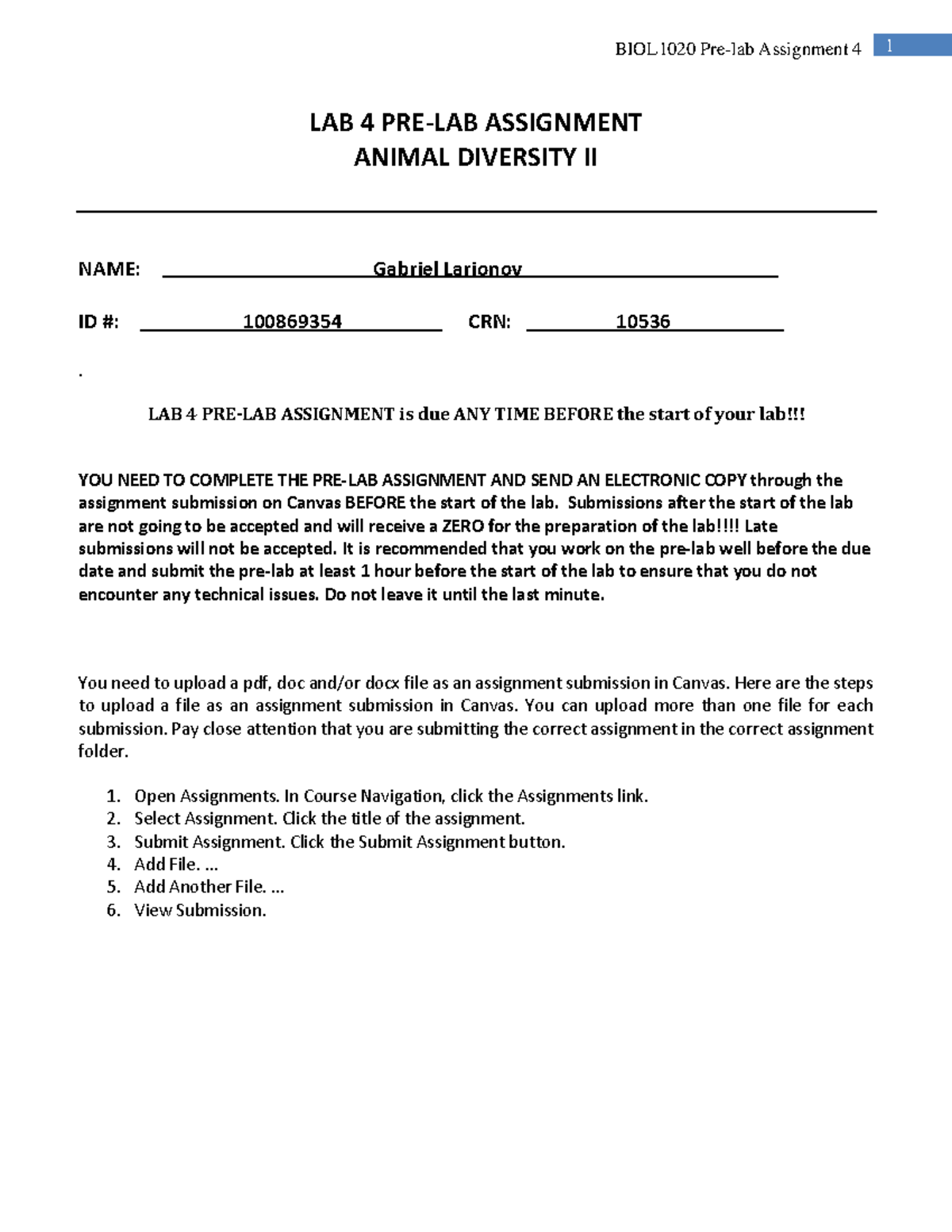 Lab 4 Pre-lab assignment S2023 - LAB 4 PRE-LAB ASSIGNMENT ANIMAL DIVERSITY II NAME: Gabriel ...