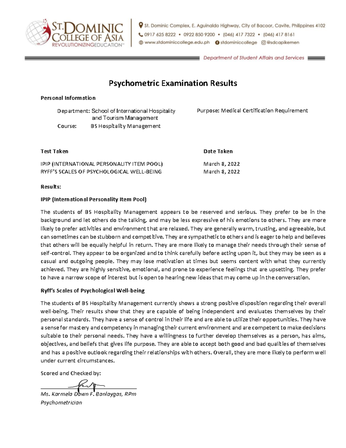 Psychometric Examination Results - Summary (BSHM-OJT) - Psychometric ...