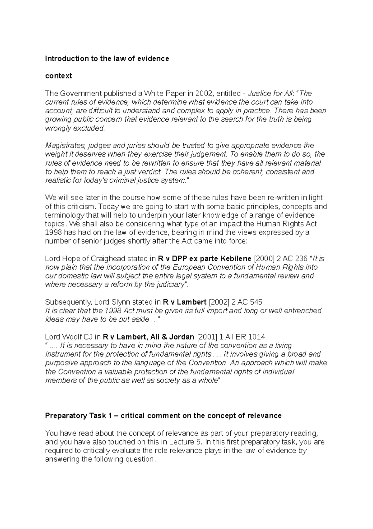 Criminal lit workshop 5 - Introduction to the law of evidence context ...