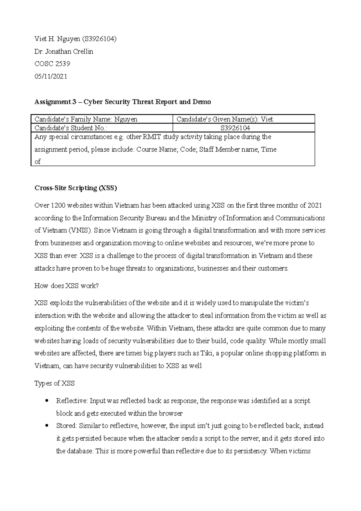 Assignment 3-COSC2539-XSS (Cross site scripting) - Viet H. Nguyen ...