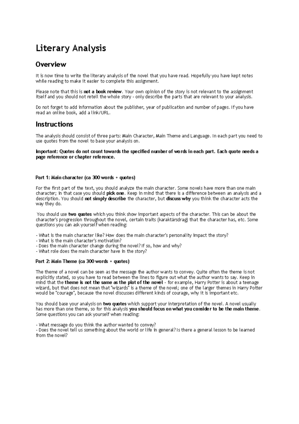 Literary Analysis Instructions - Literary Analysis Overview It is now ...