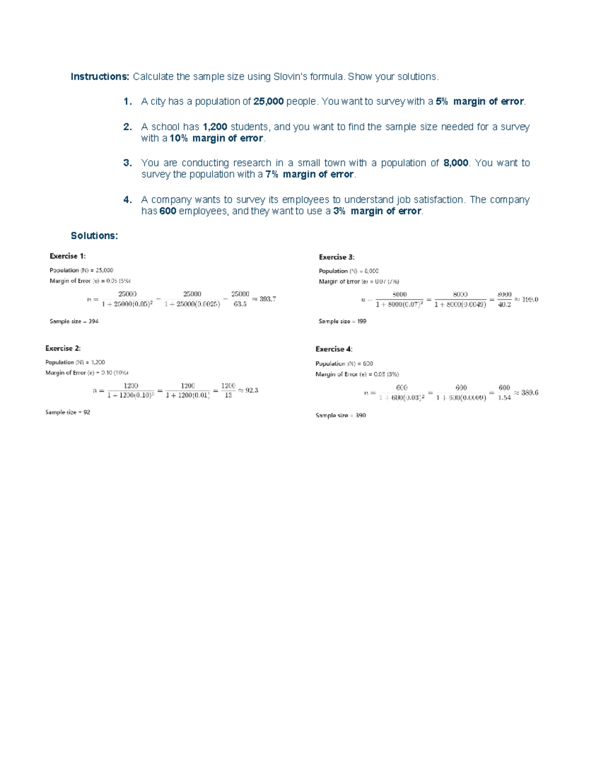 TEST FOR Slovin'S - ENGLISH - Instructions: Calculate the sample size ...