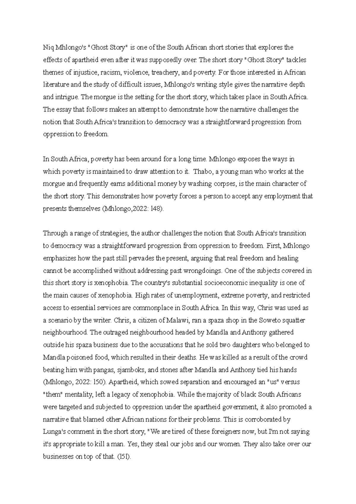 ENG Assignment - Niq Mhlongo's "Ghost Story" is one of the South ...