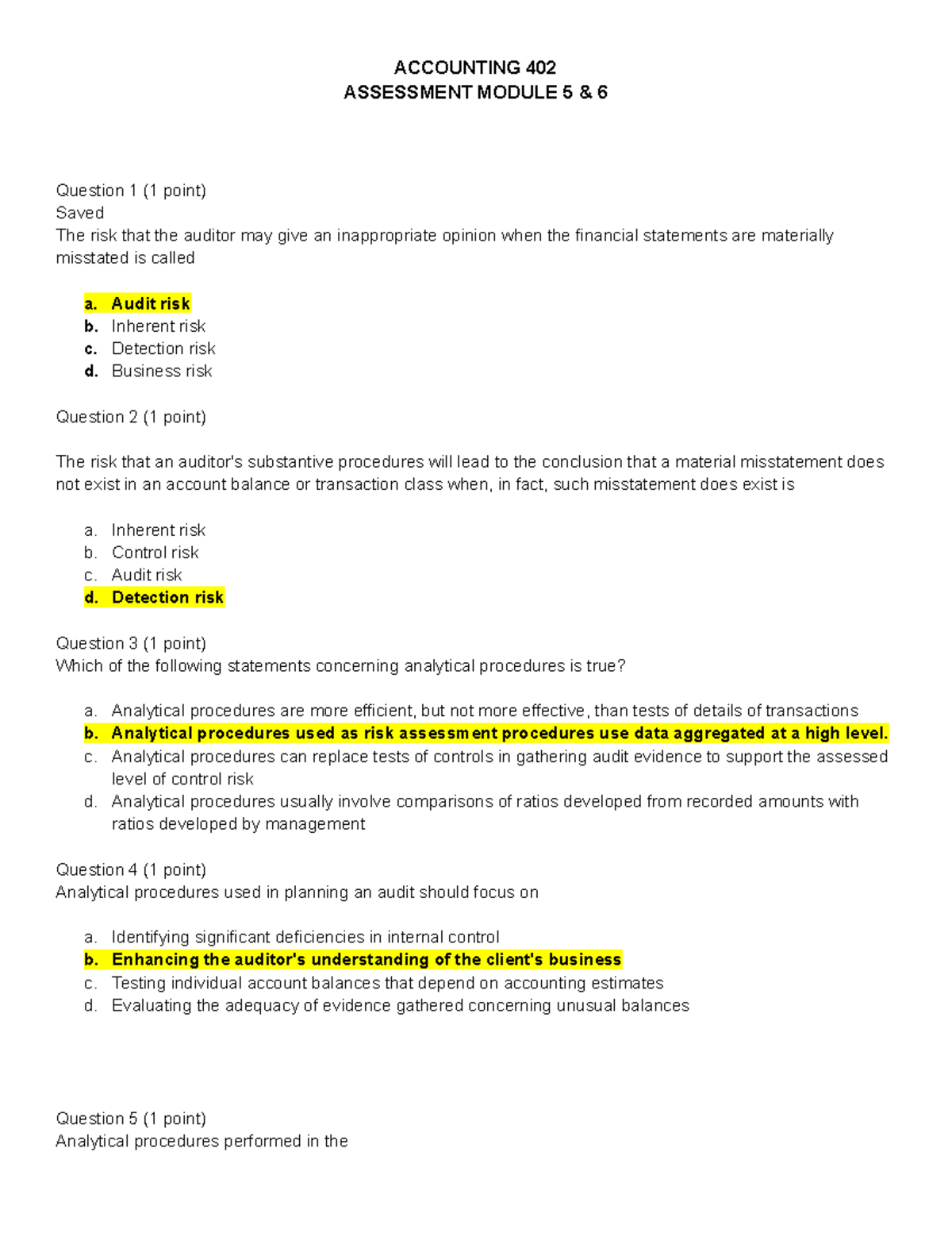 402 module 5 6 - ACCOUNTING 402 ASSESSMENT MODULE 5 & 6 Question 1 (1 ...