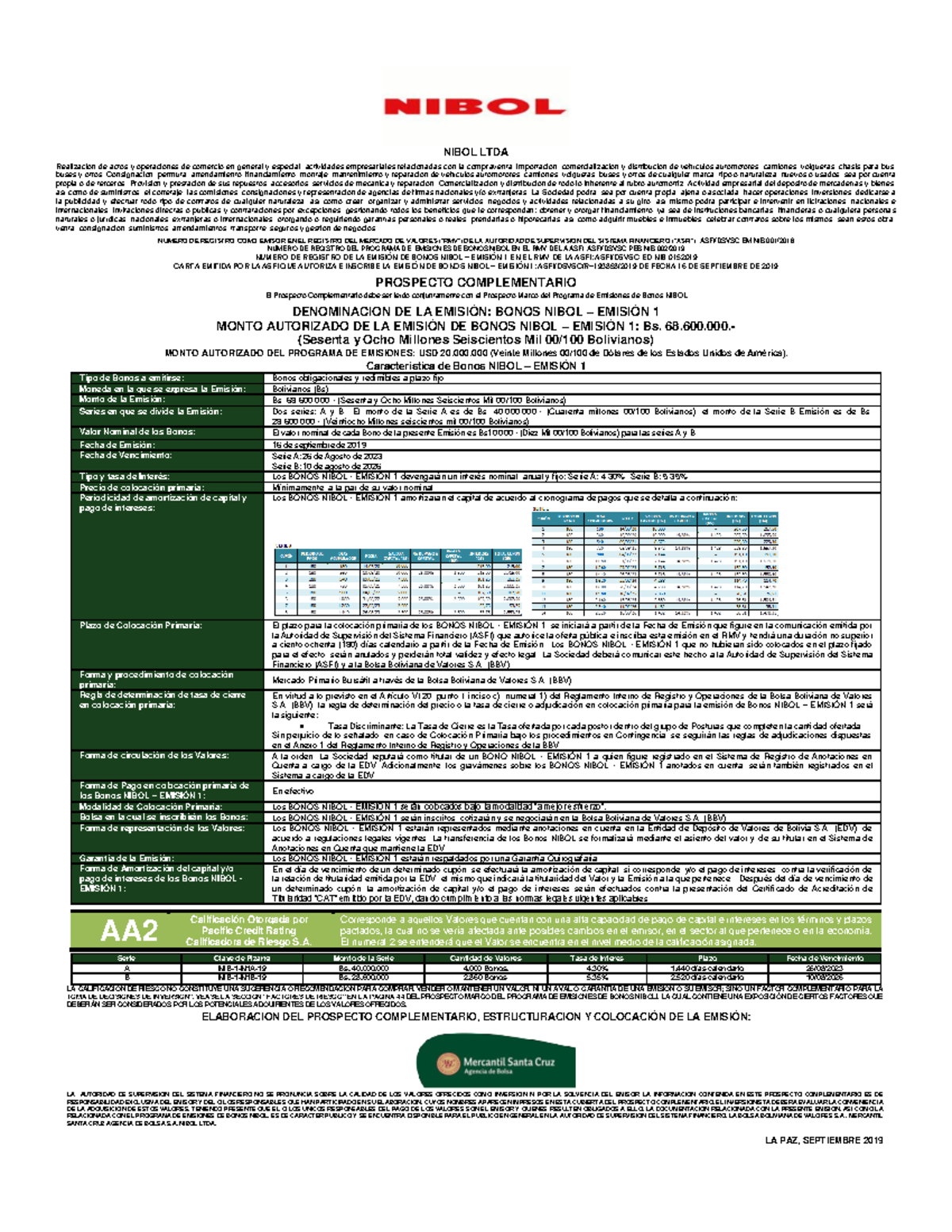 Prospecto Complementario Nibol - Emisión 1 - con anexos - NIBOL LTDA ...