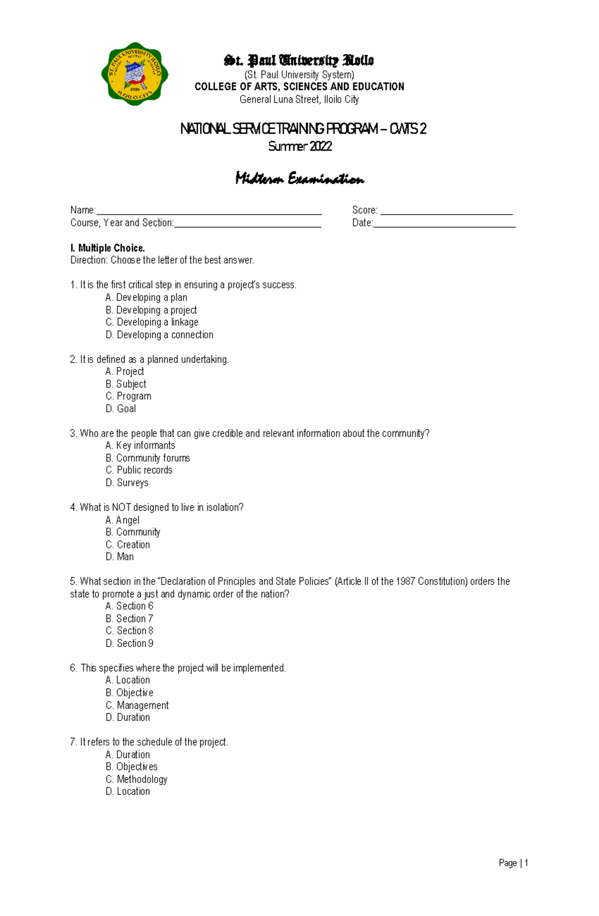 Midterm Examination NTP 2 - (St. Paul University System) COLLEGE OF ...