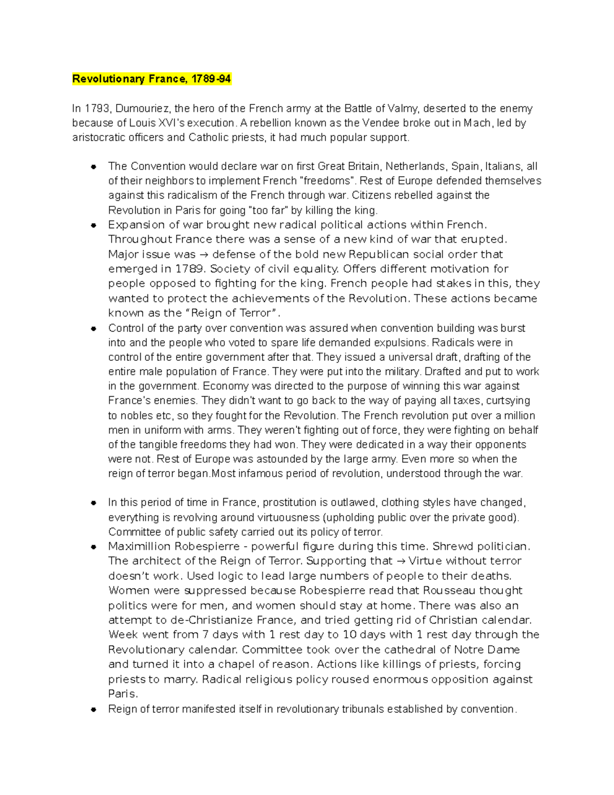HIST 1100 Notes Revolutionary France and The New Order - Revolutionary ...