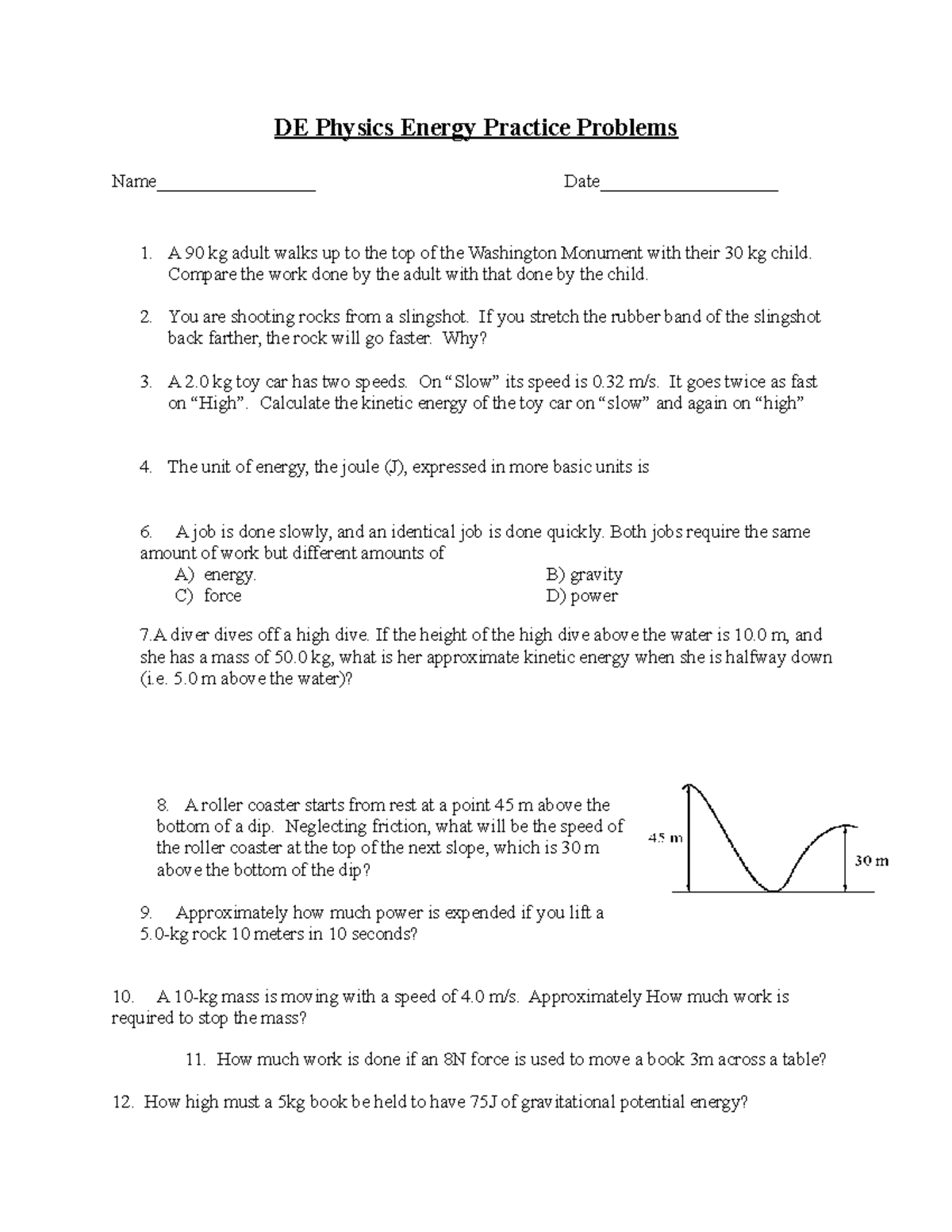 Energy+and+Power+Practice+Problems - DE Physics Energy Practice ...