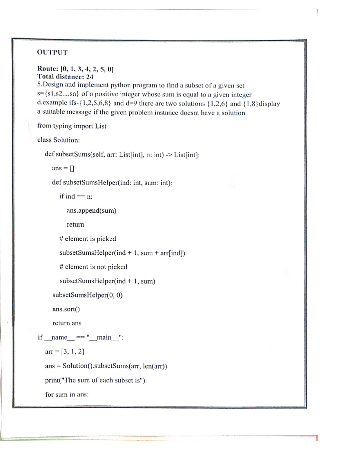 Programs on design analysis - OUTPUT Route: 1, 3, 4, 2, 5, Total ...