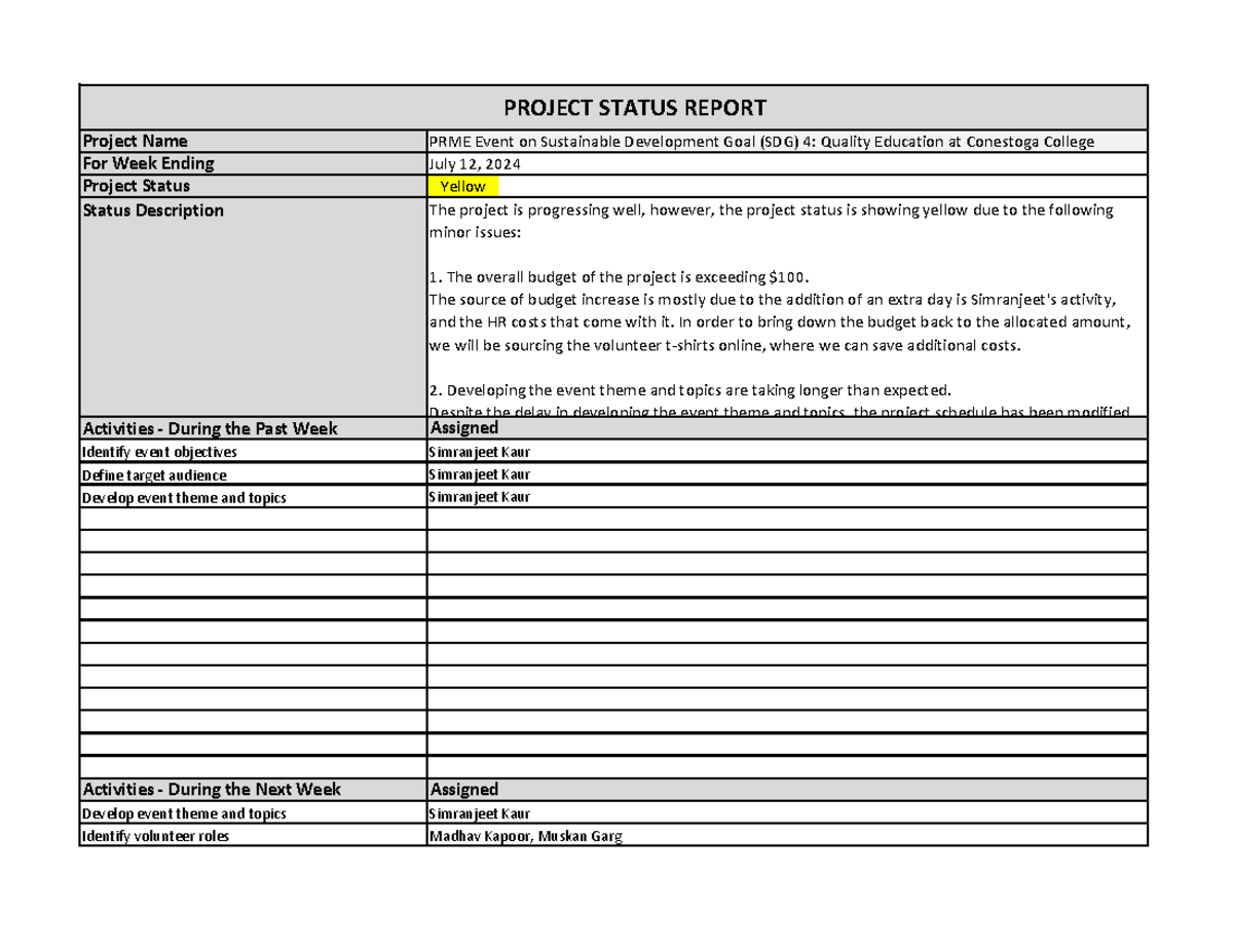 Gantt UP - V3 - GRP#3 - PSR - PROJECT STATUS REPORT Project Name For ...