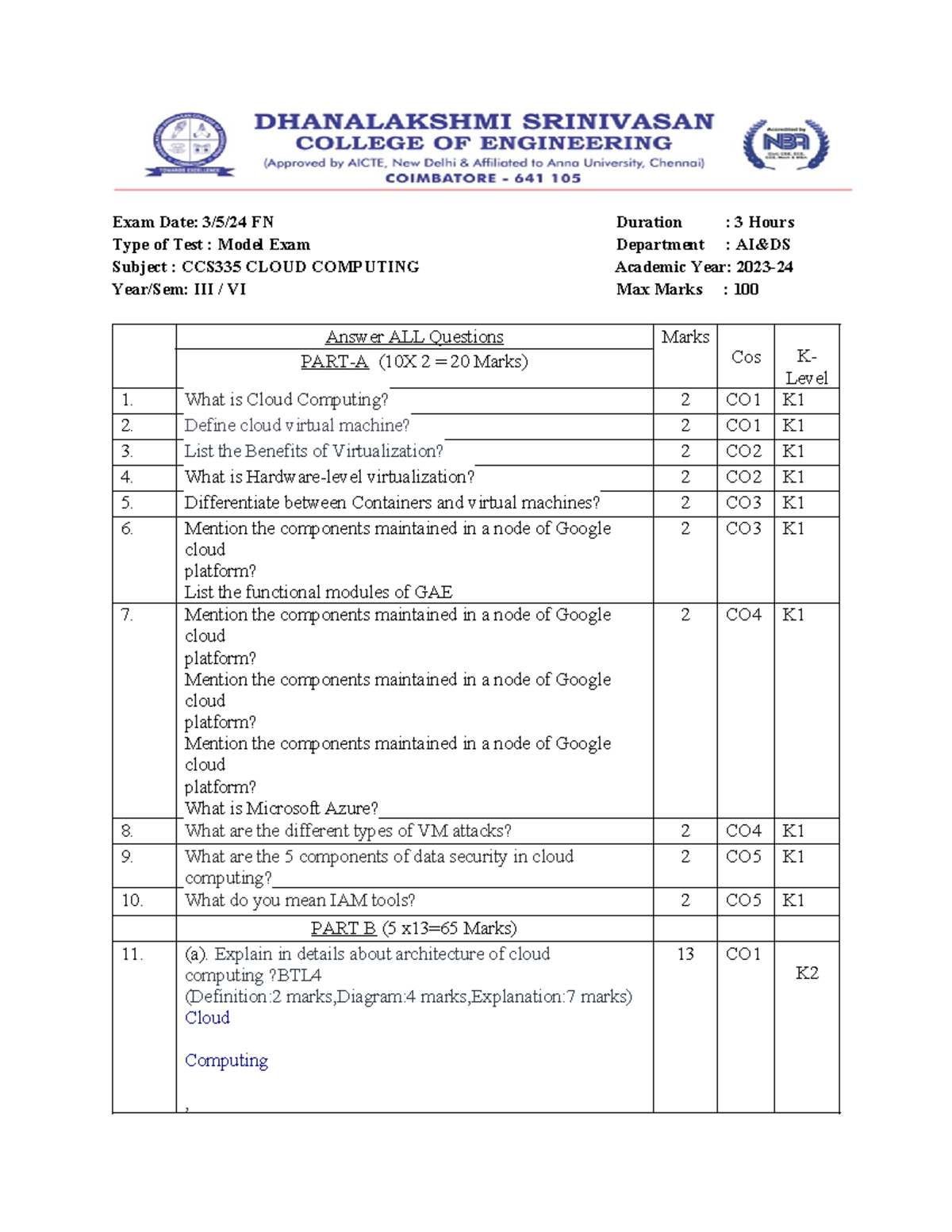 CC S1 - Exam Date: 3/5/24 FN Duration : 3 Hours Type of Test : Model ...
