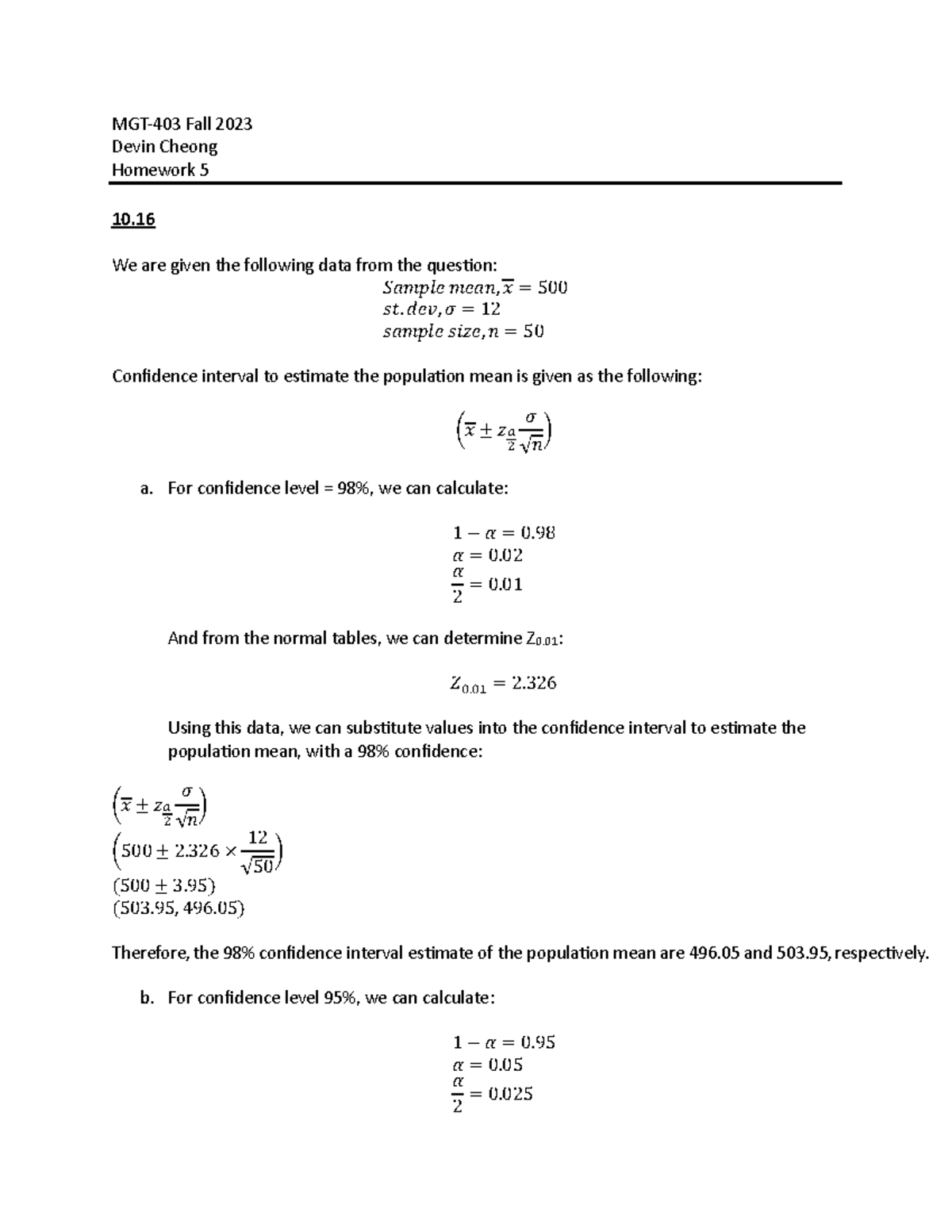 HW5 Assignment 5 - MGT-403 Fall 2023 Devin Cheong Homework 5 10. We are given the following data ...