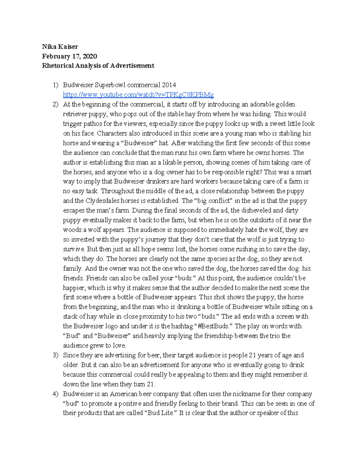 Advertisement Part I Final - Nika Kaiser February 17, 2020 Rhetorical ...