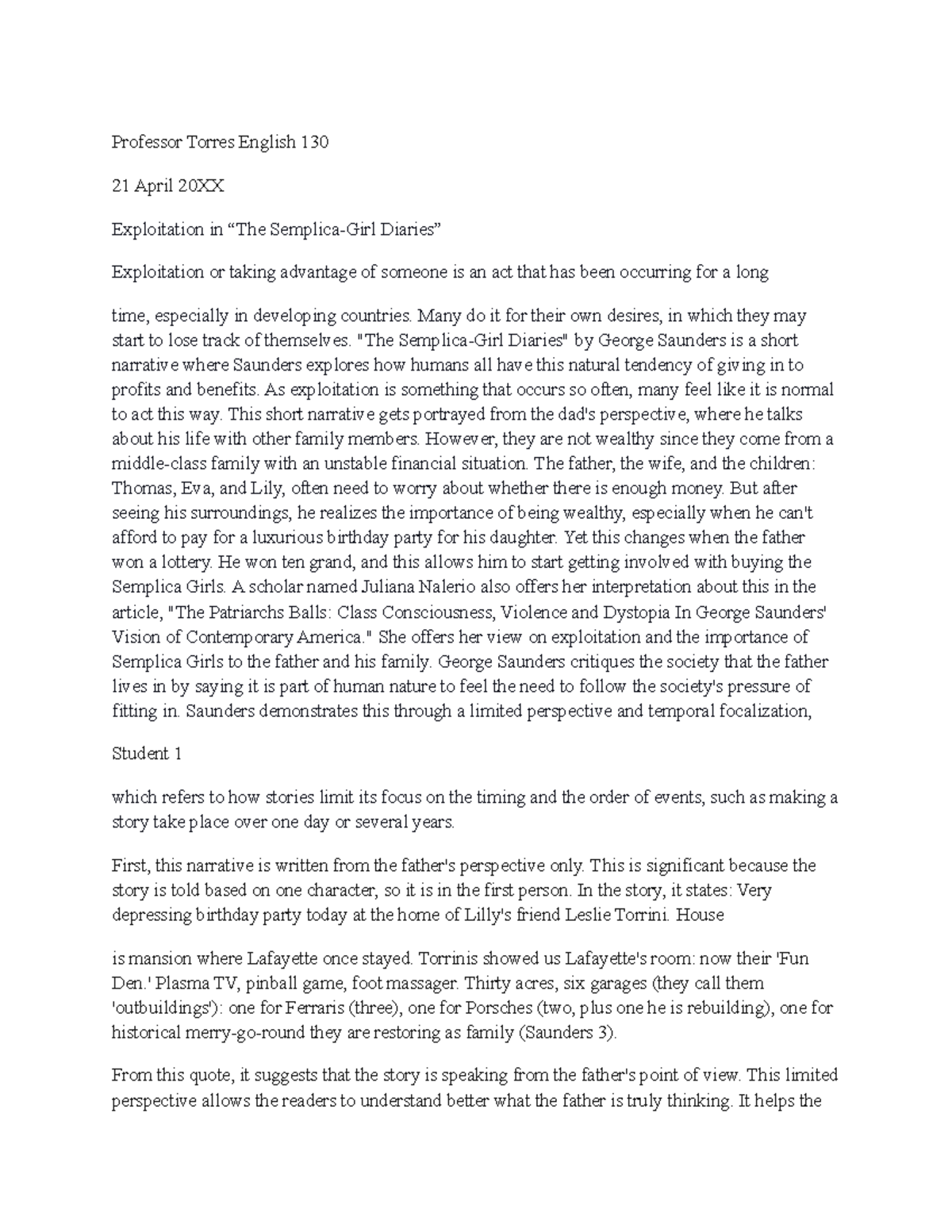 Week 10 - Prof. Torres - Professor Torres English 130 21 April 20XX ...