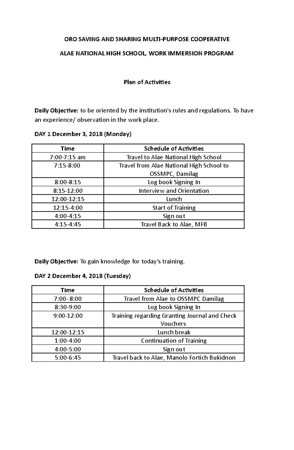 Plan of activities - helpful planning plots for abm students - ORO ...