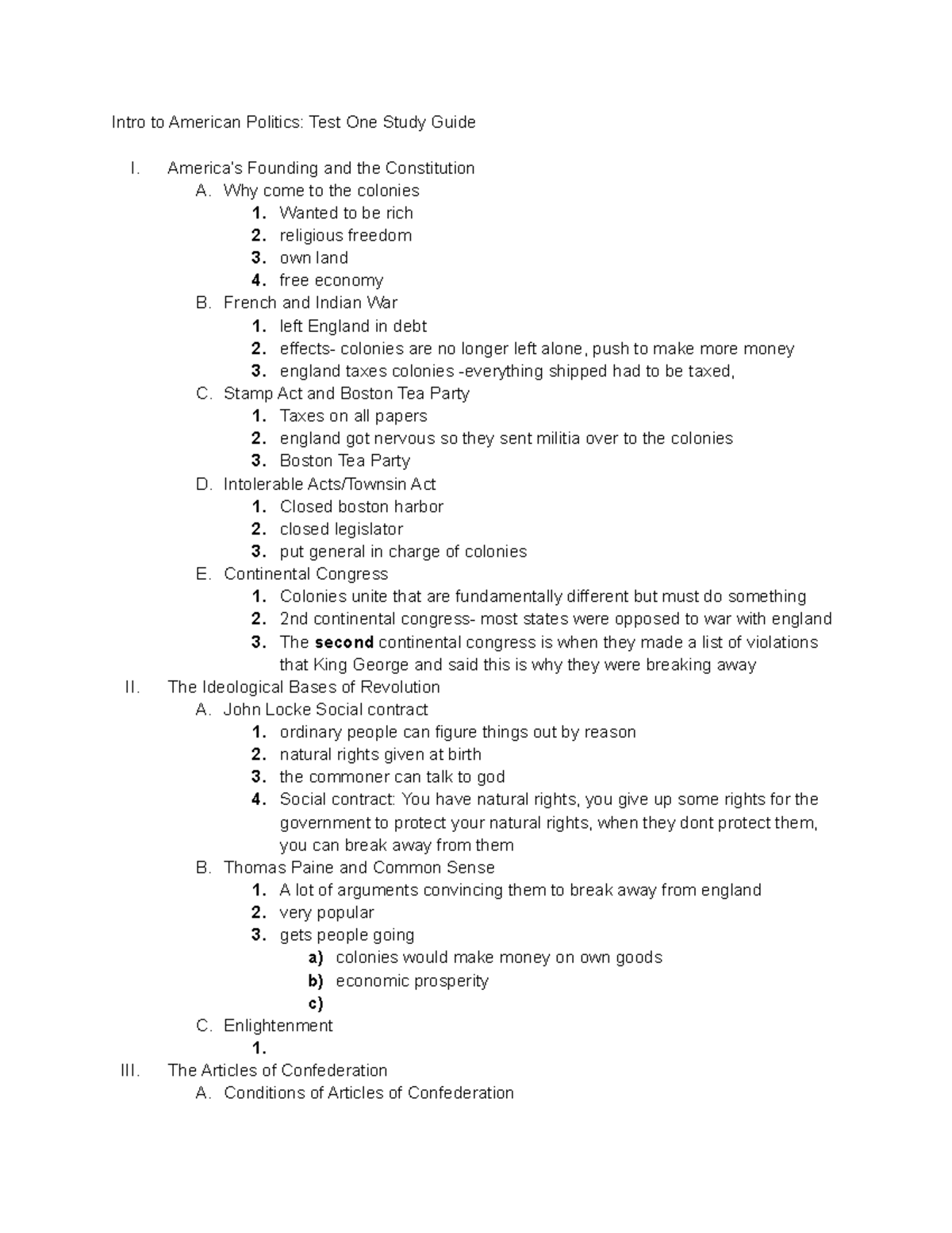 Intro to American Politics Test One Study Guide - America’s Founding ...