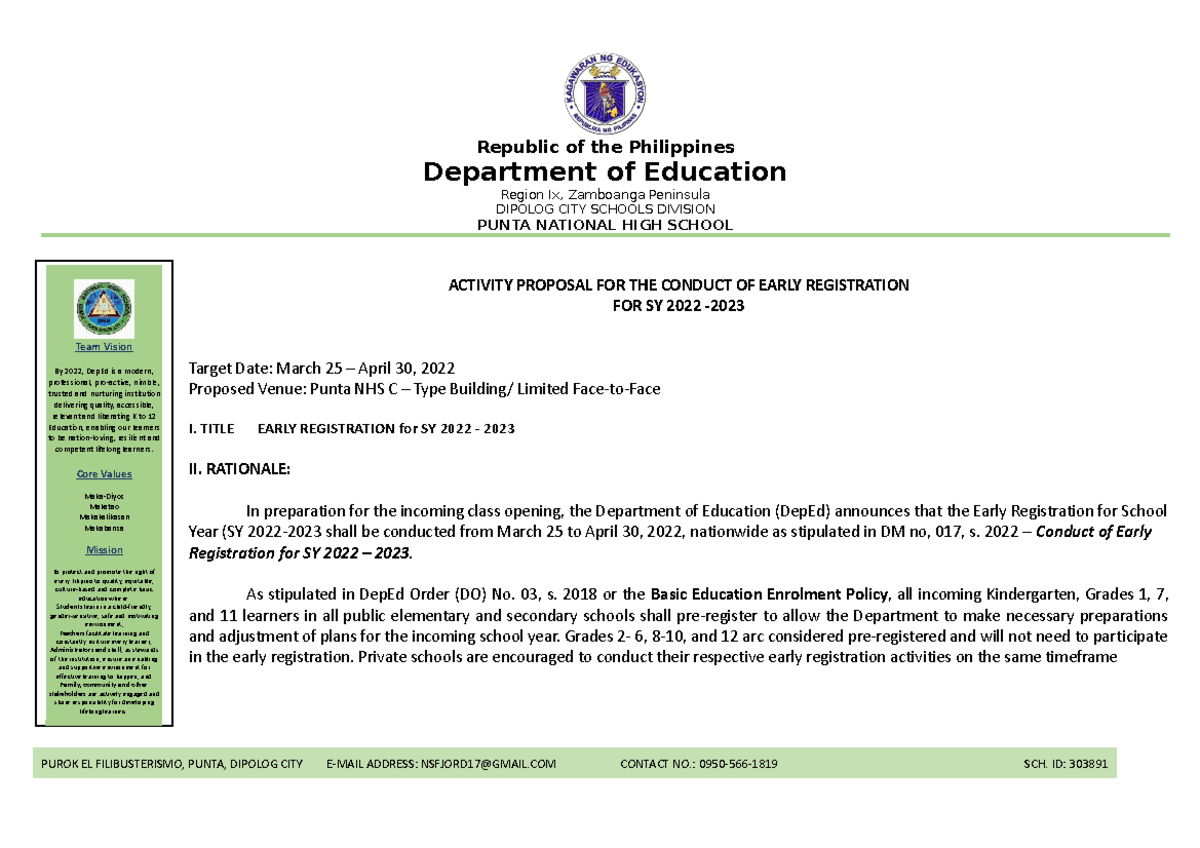Proposal on the Conduct of Early Registration - Department of Education ...