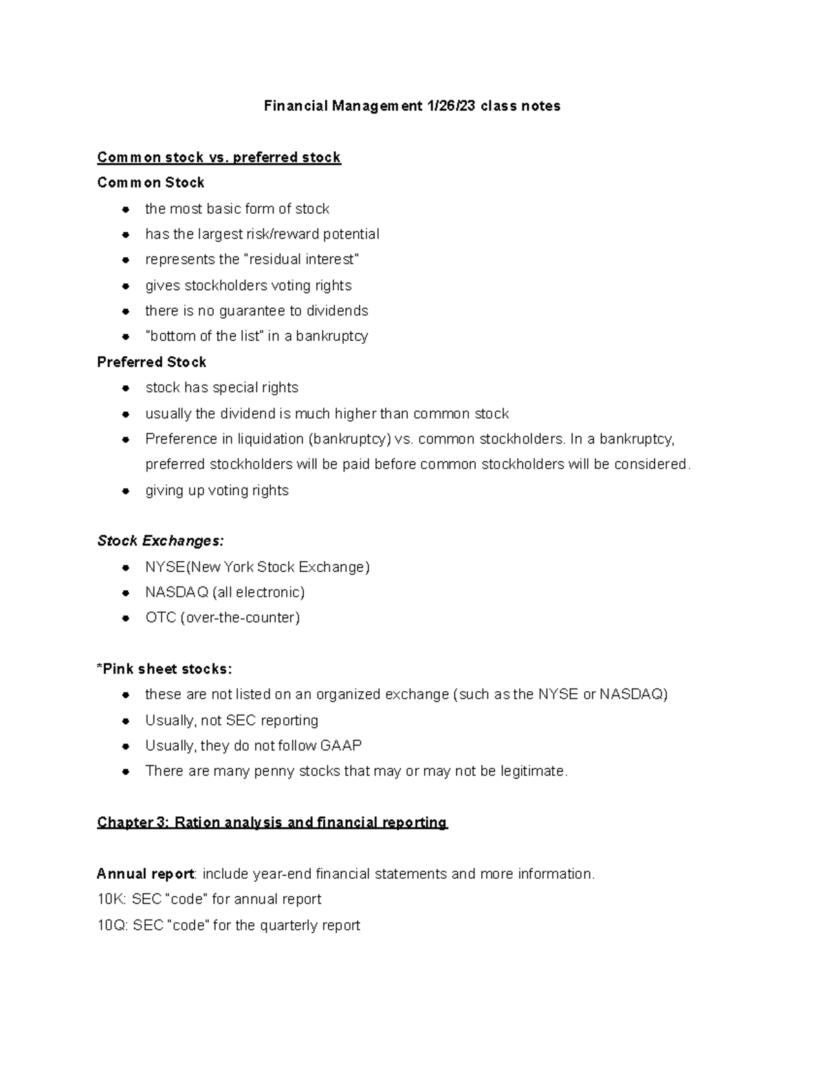 Financial Management 1 26 23 class notes - Financial Management 1/26/23 ...