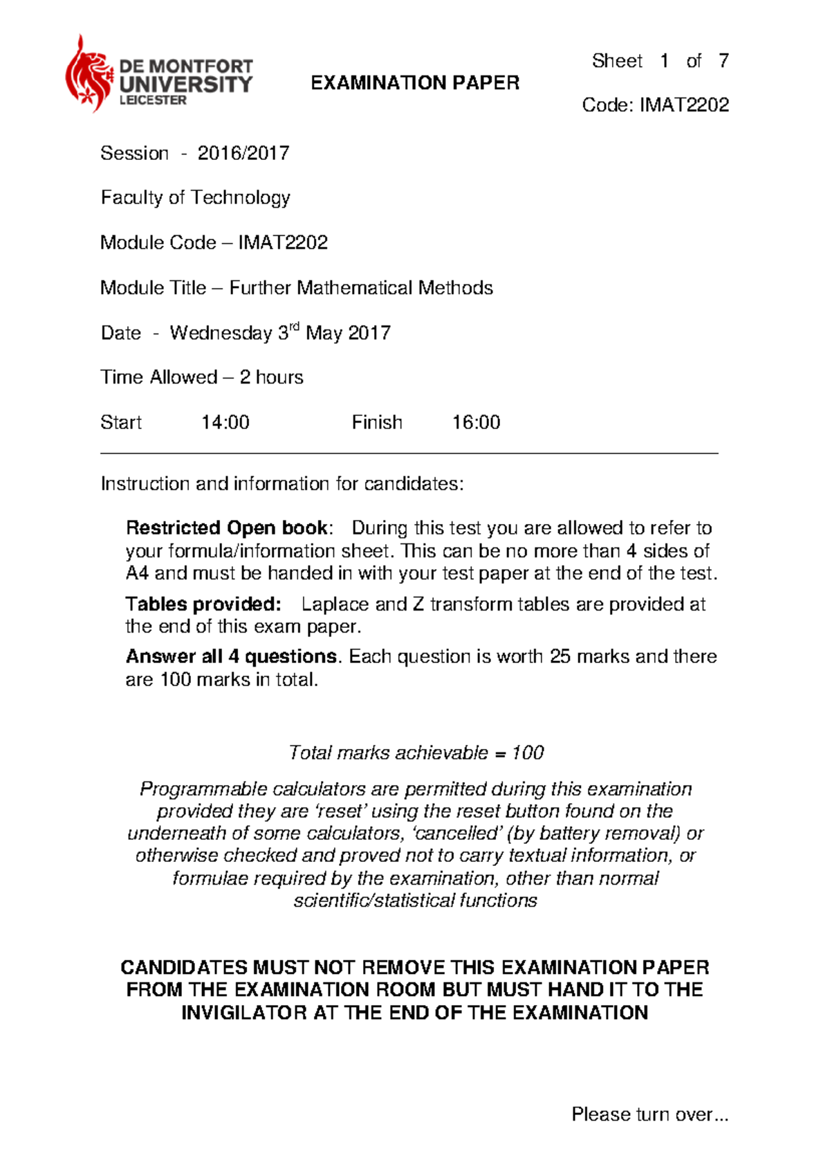 IMAT2202 2017 Exam - EXAMINATION PAPER Code: IMAT Session - 2016 ...
