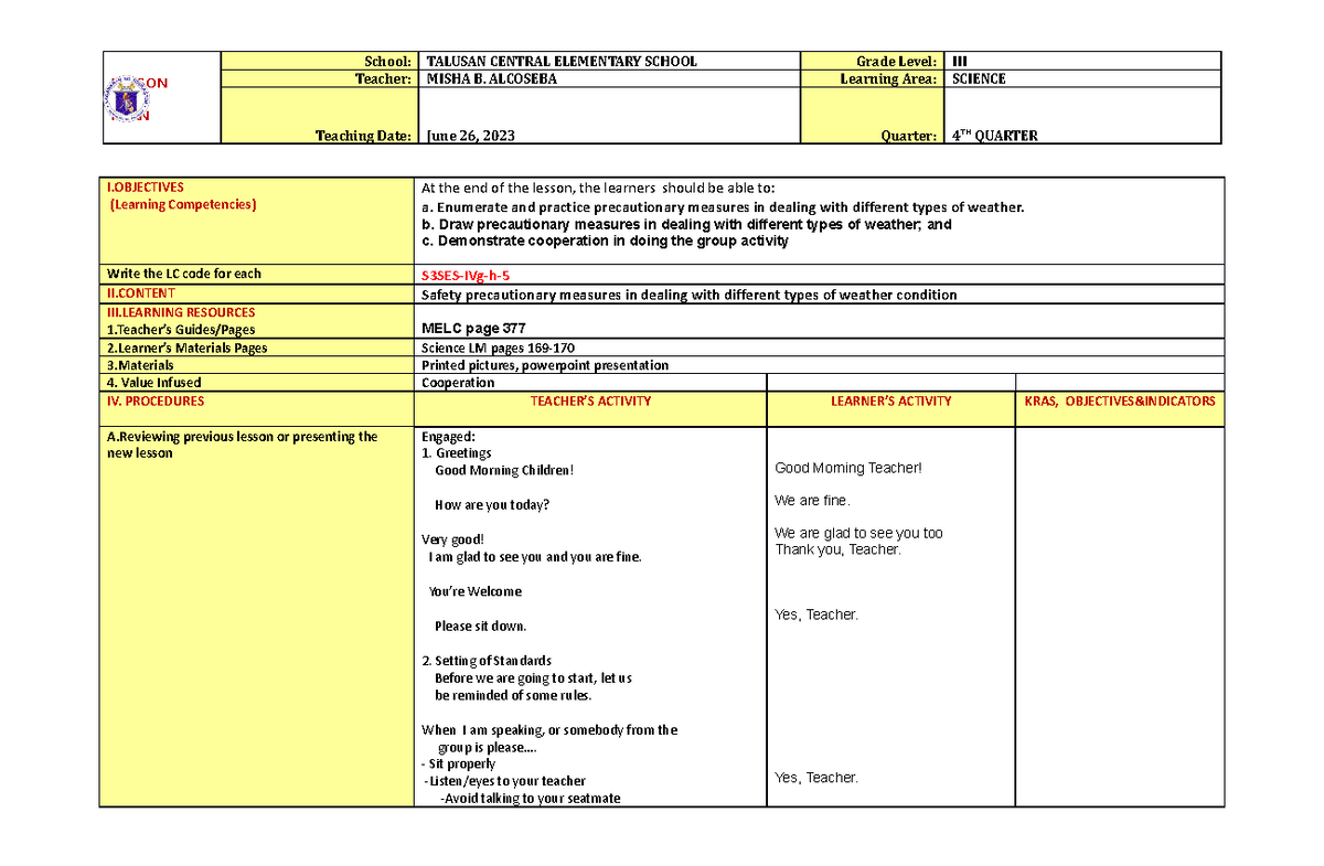 Science co 2023 - Copy - scays - LESSON PLAN School: TALUSAN CENTRAL ...