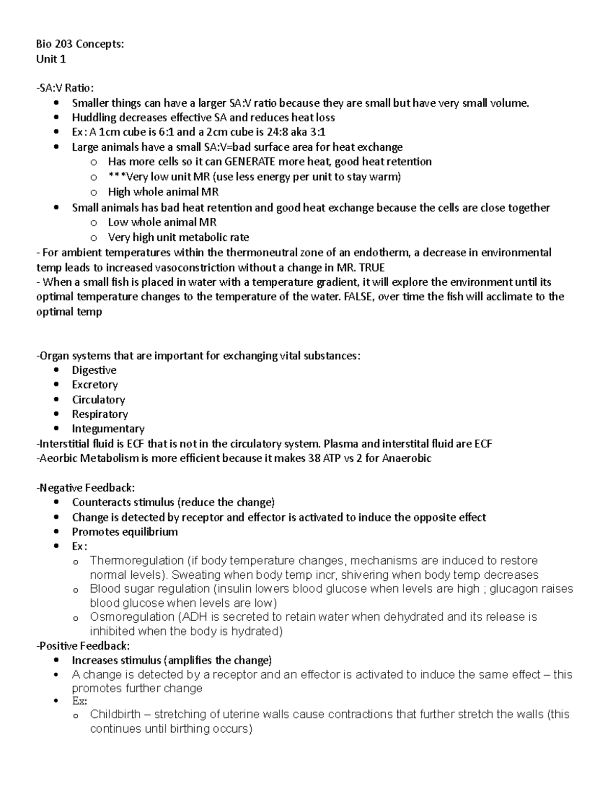 Bio 203 Midterm 1 study guide - Bio 203 Concepts: Unit 1 -SA:V Ratio ...