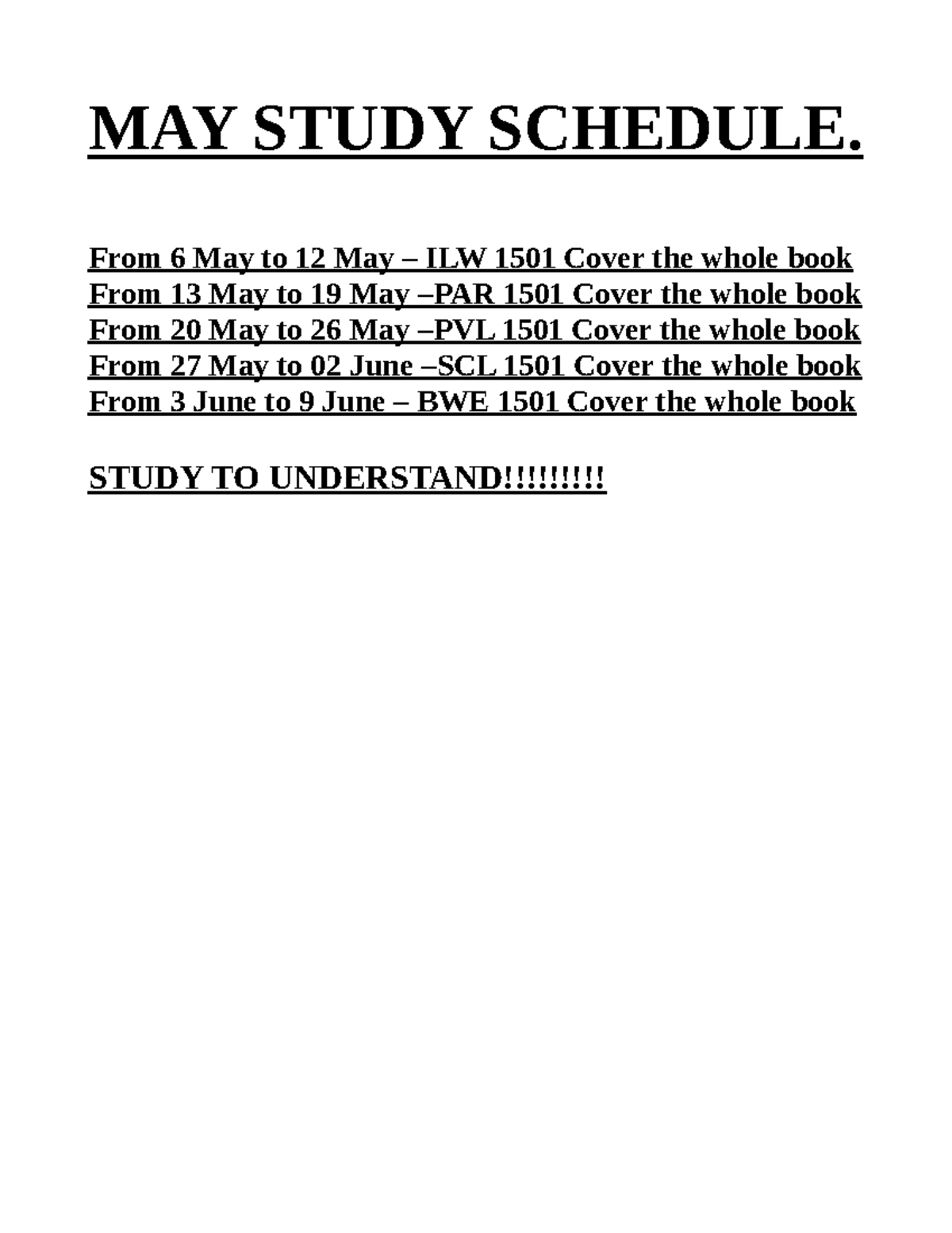 Study Schedule MAY TO JUNE - ILW1501 - MAY STUDY SCHEDULE. From 6 May ...