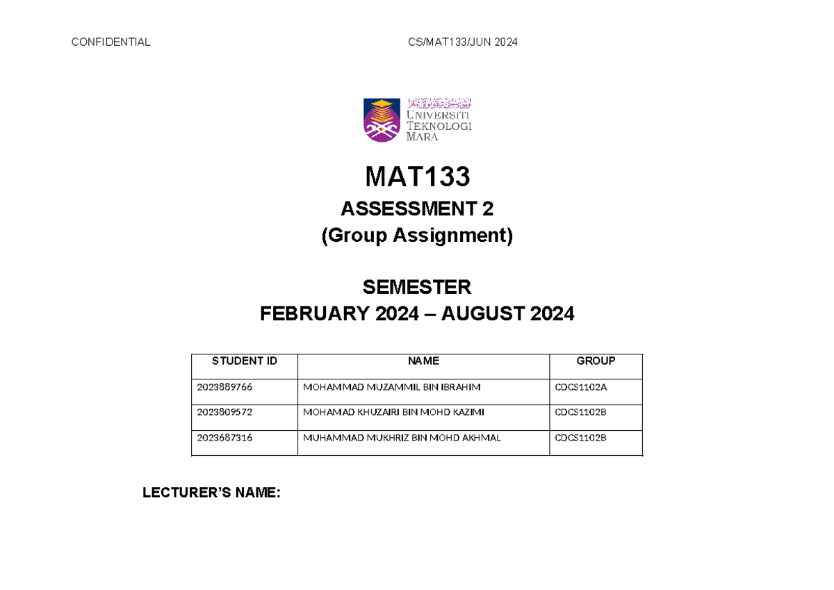 MAT133 Group Assignment - MAT ASSESSMENT 2 (Group Assignment) SEMESTER ...