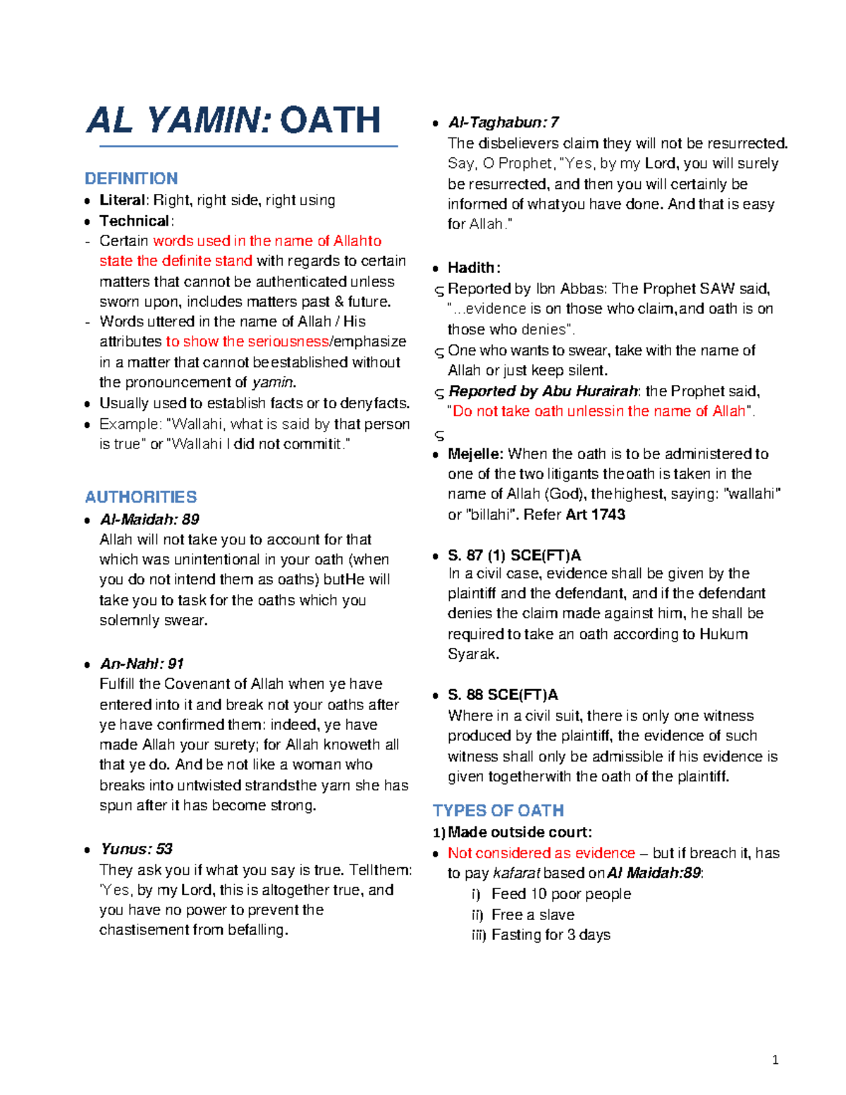 5.0 Notes-Oaths (Al-Yamin) - AL YAMIN: OATH DEFINITION Literal: Right ...