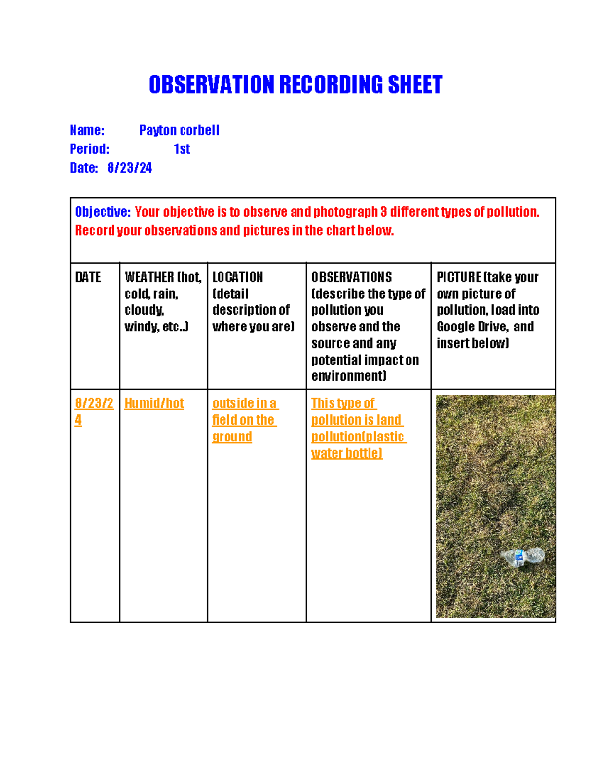 Observation Journal-Pollution - OBSERVATION RECORDING SHEET Name ...
