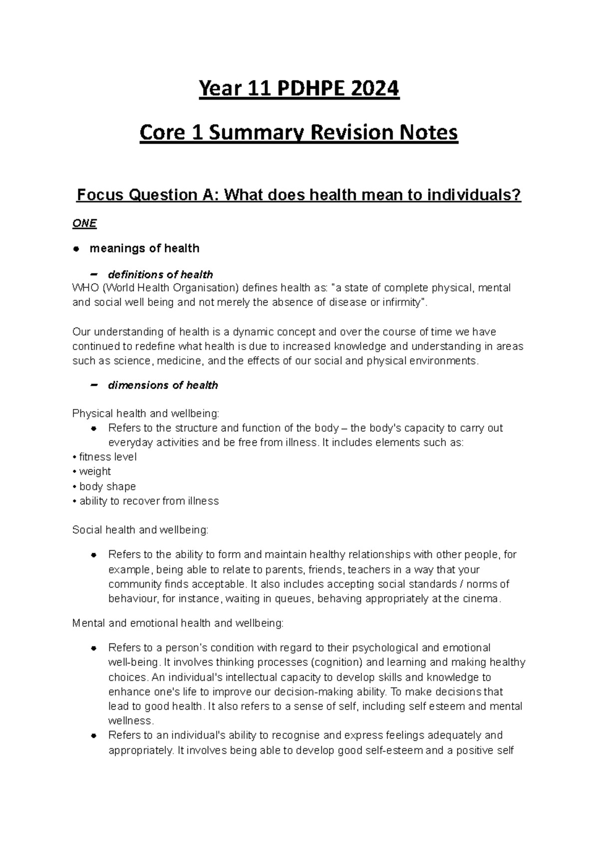 Summary Notes Core 1 Year 11 Pdhpe - Year 11 PDHPE 2024 Core 1 Summary ...
