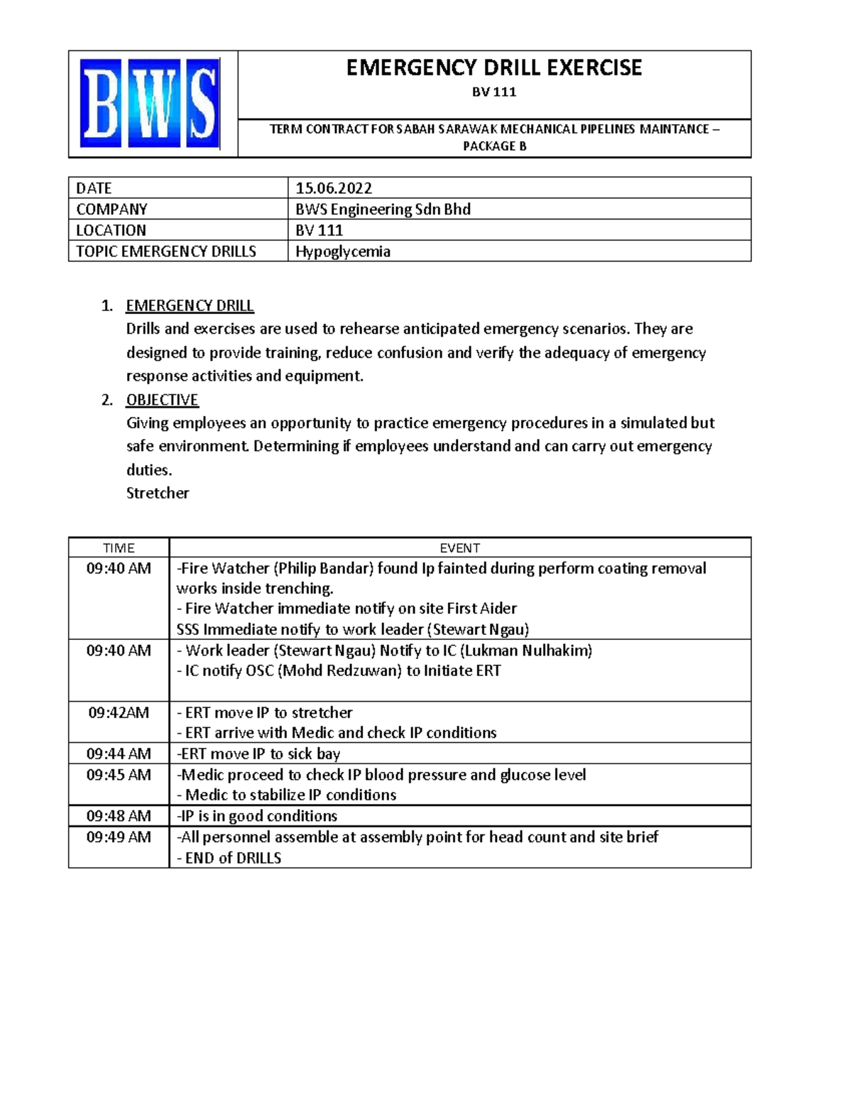 Emergency Drill Exercise bv 111 15.06.2022 - BV 111 TERM CONTRACT FOR ...