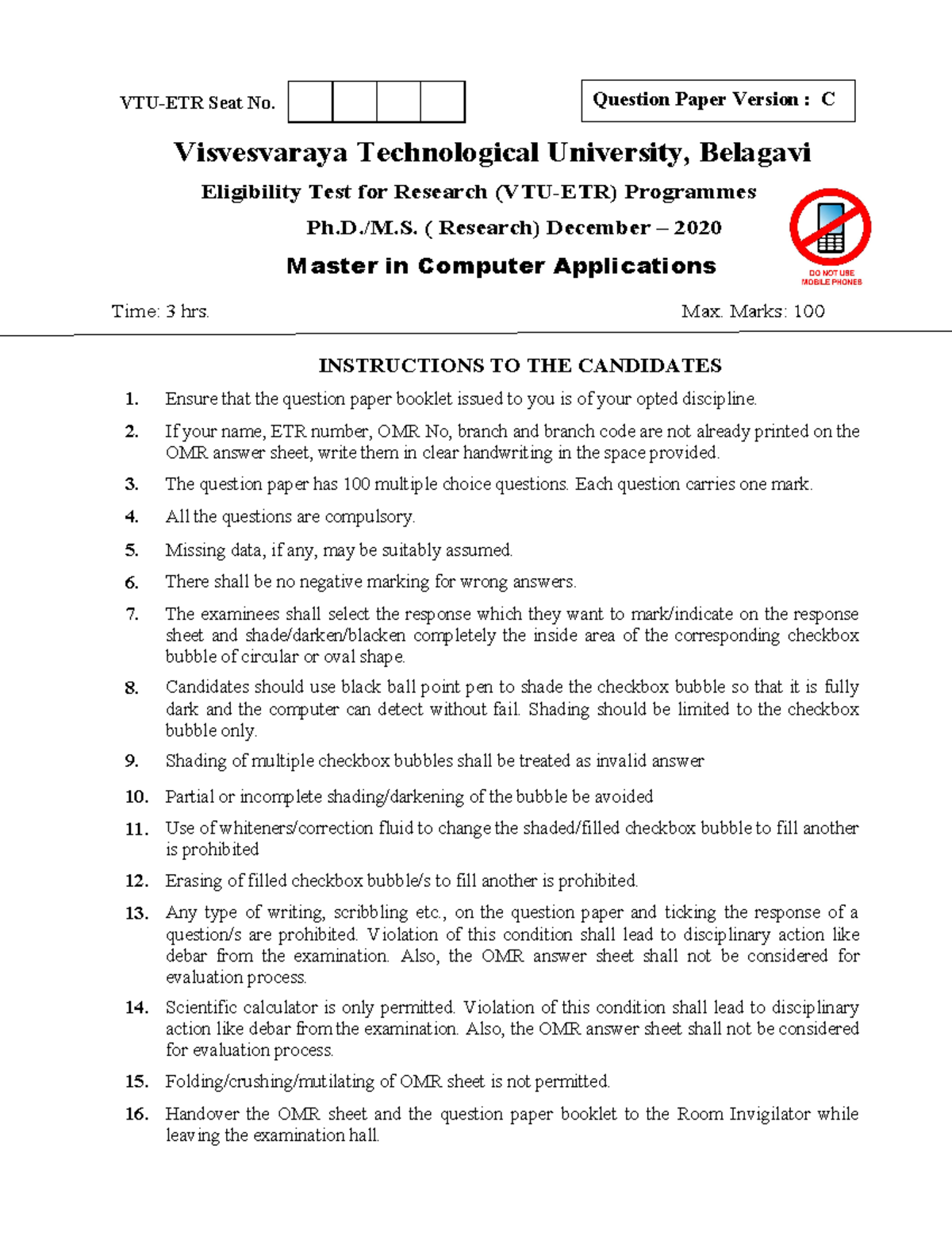 MCA C - DFHFD - VTU-ETR Seat No. Visvesvaraya Technological University ...