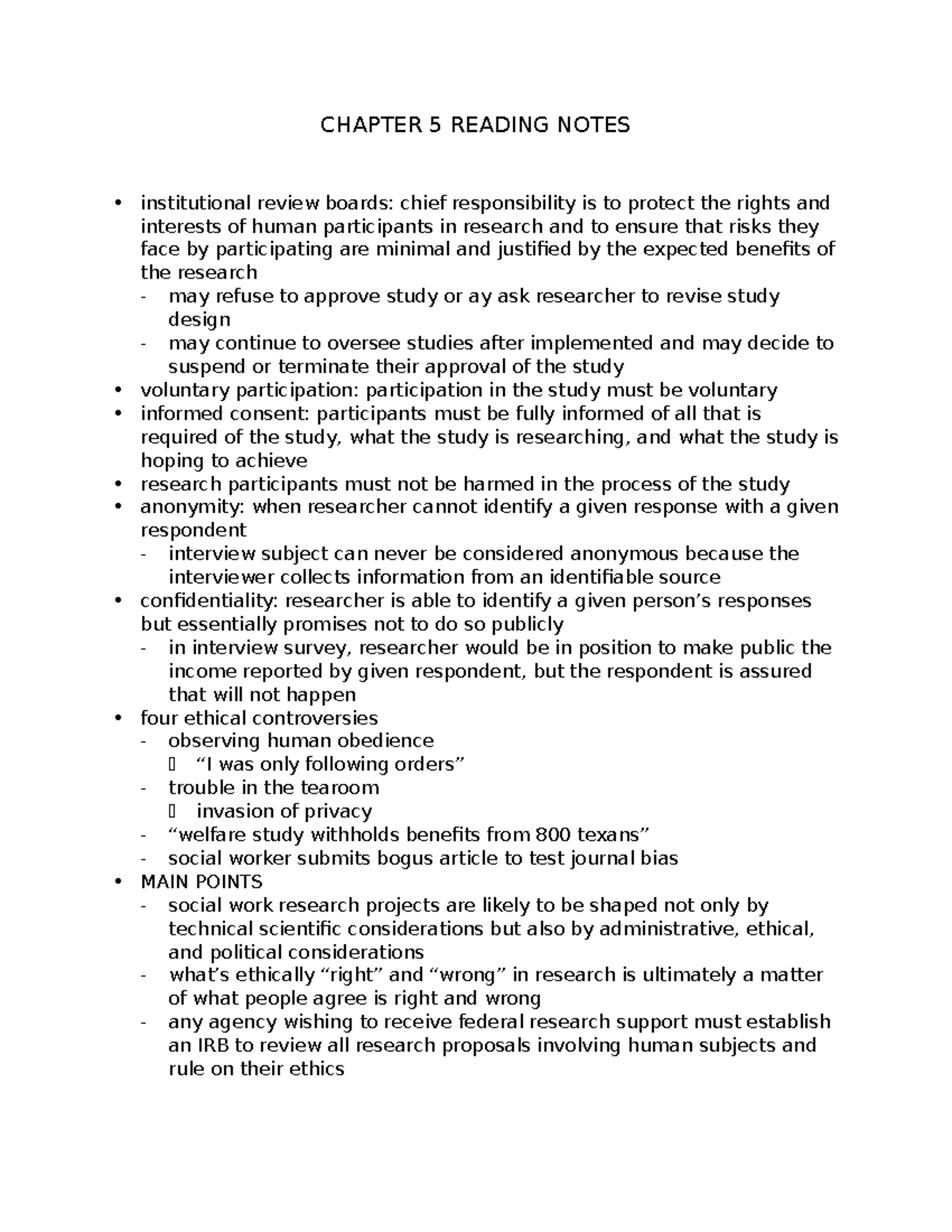 Chapter 5 Reading Notes - CHAPTER 5 READING NOTES institutional review ...