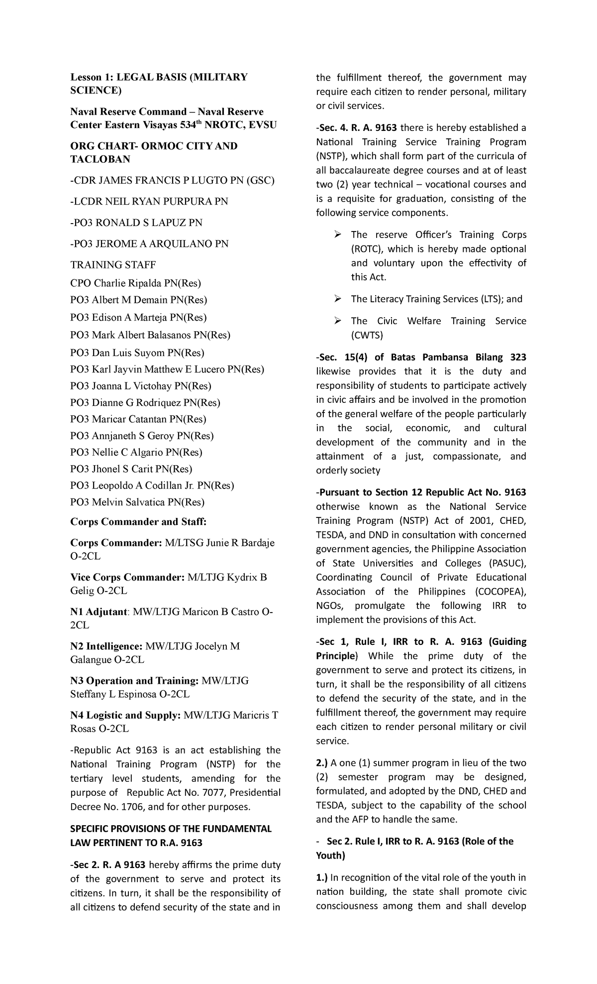 1 - LESSONS FOR AFROTC - Lesson 1: LEGAL BASIS (MILITARY SCIENCE) Naval ...