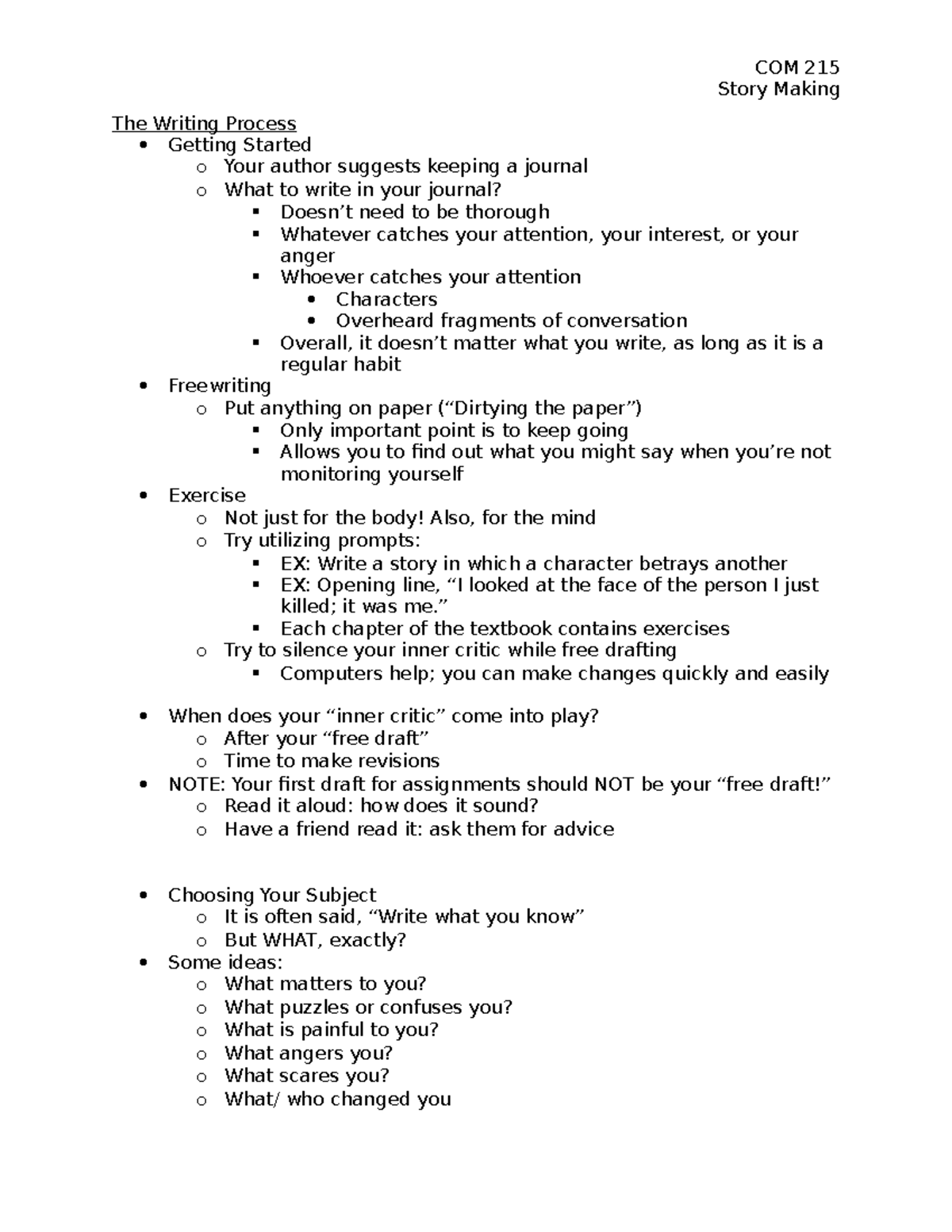 The Writing Process - Lecture notes 5 - Story Making The Writing ...