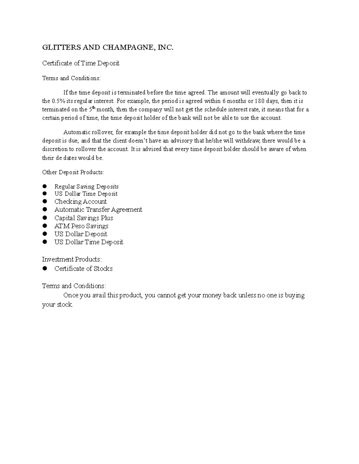 BANK- Financial- Investments - GLITTERS AND CHAMPAGNE, INC. Certificate ...