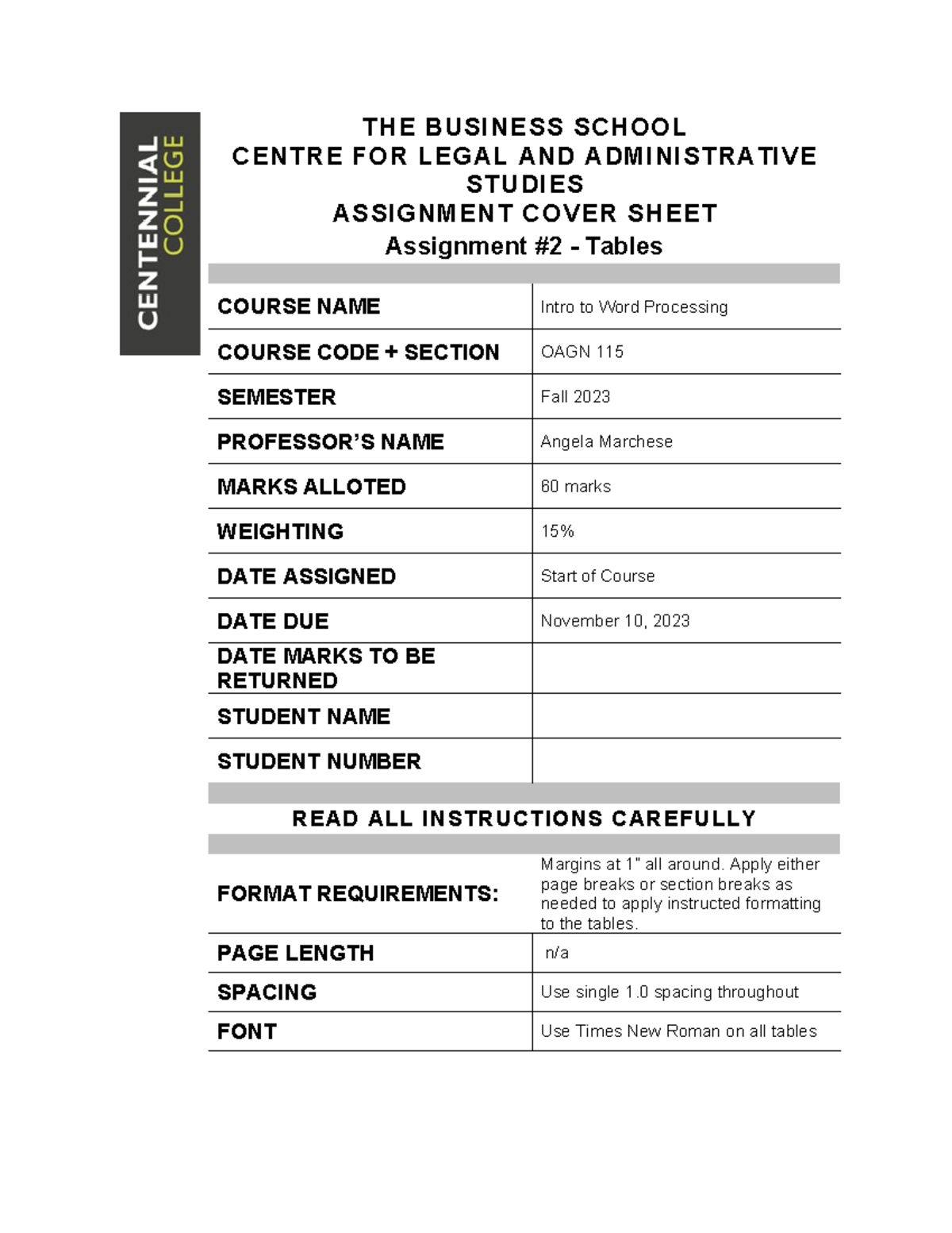Tables Assignment.docx - THE BUSINESS SCHOOL CENTRE FOR LEGAL AND ...