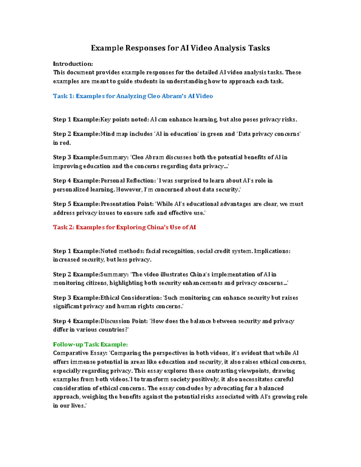 Detailed Example Responses for AI Video Analysis Tasks - Example ...
