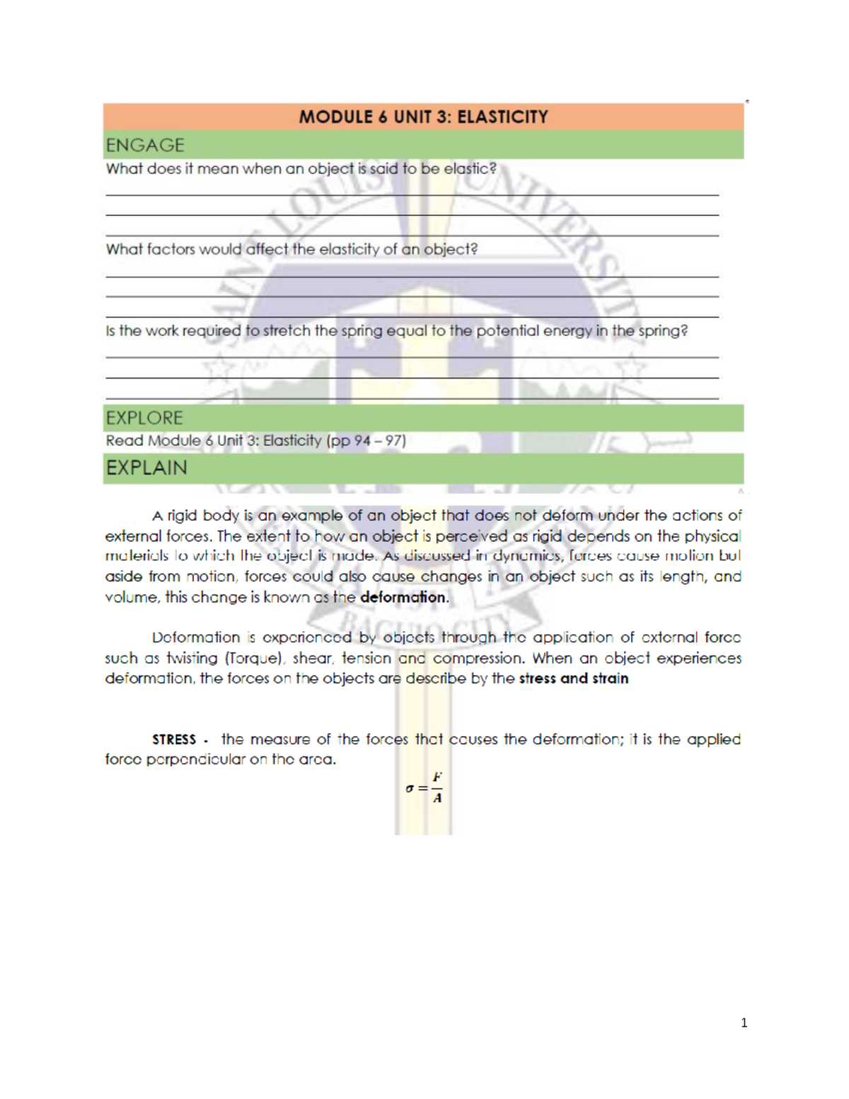 Module 6 Unit 3 Elasticity - MODULE 6 UNIT 3: ELASTICITY ENGAGE What ...