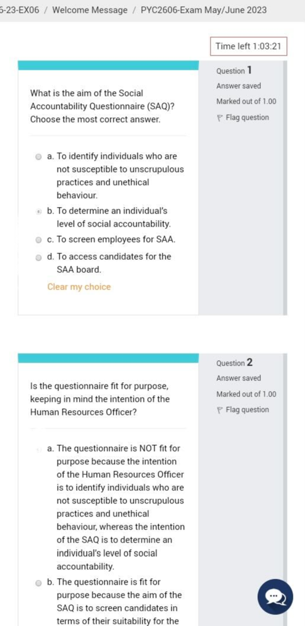 PYC2606 May June 2023 exam quiz - Welcome Message 2023 Time left 1:03: ...