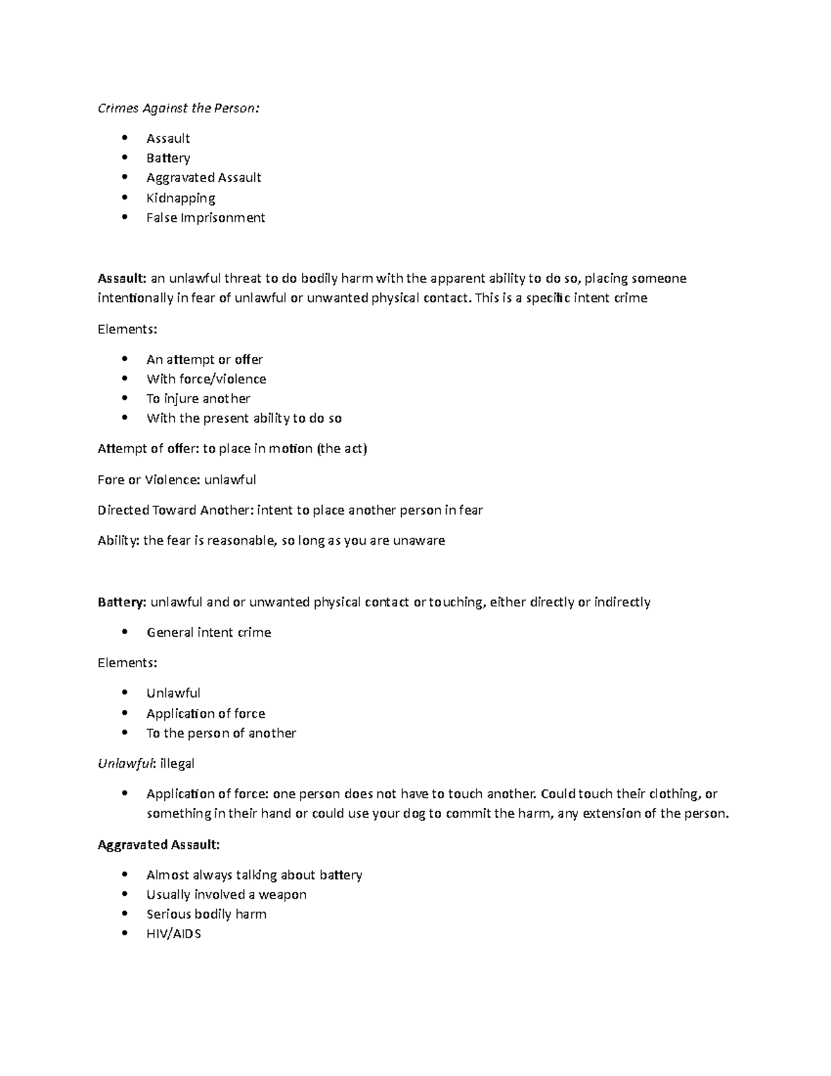 Notes 4 - Crimes Against the Person: Assault Battery Aggravated Assault ...