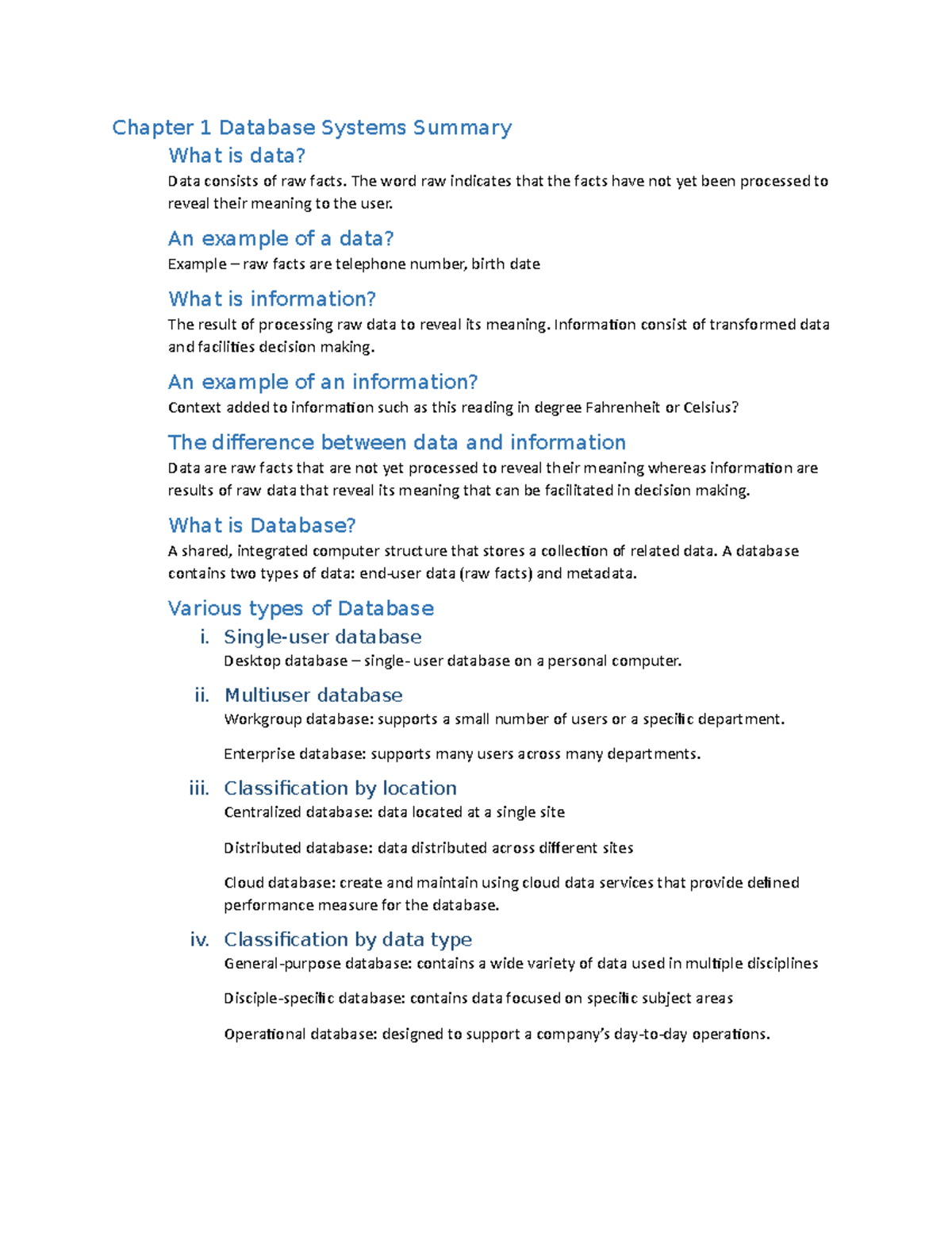 Chapter 1 Database Systems Summary by Junior Wanofafia - Chapter 1 Database Systems Summary What ...