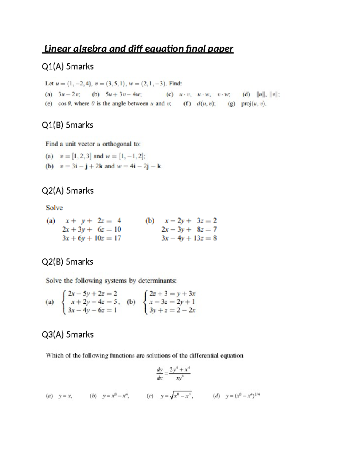 Linear algebra and diff equation final paper - Linear Algebra & Complex Variables - Studocu