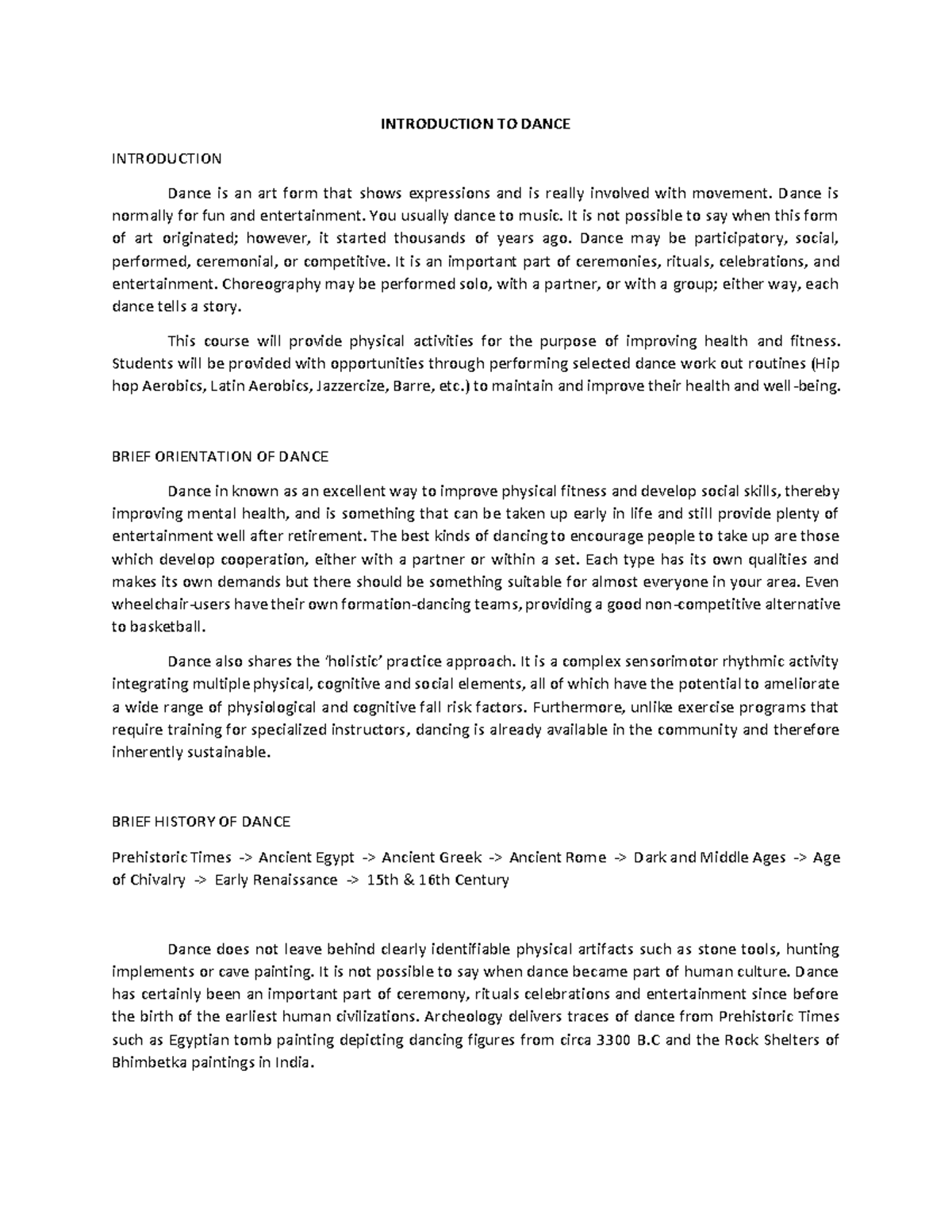 PE Introduction TO Dance-1-2 - INTRODUCTION TO DANCE INTRODUCTION Dance ...