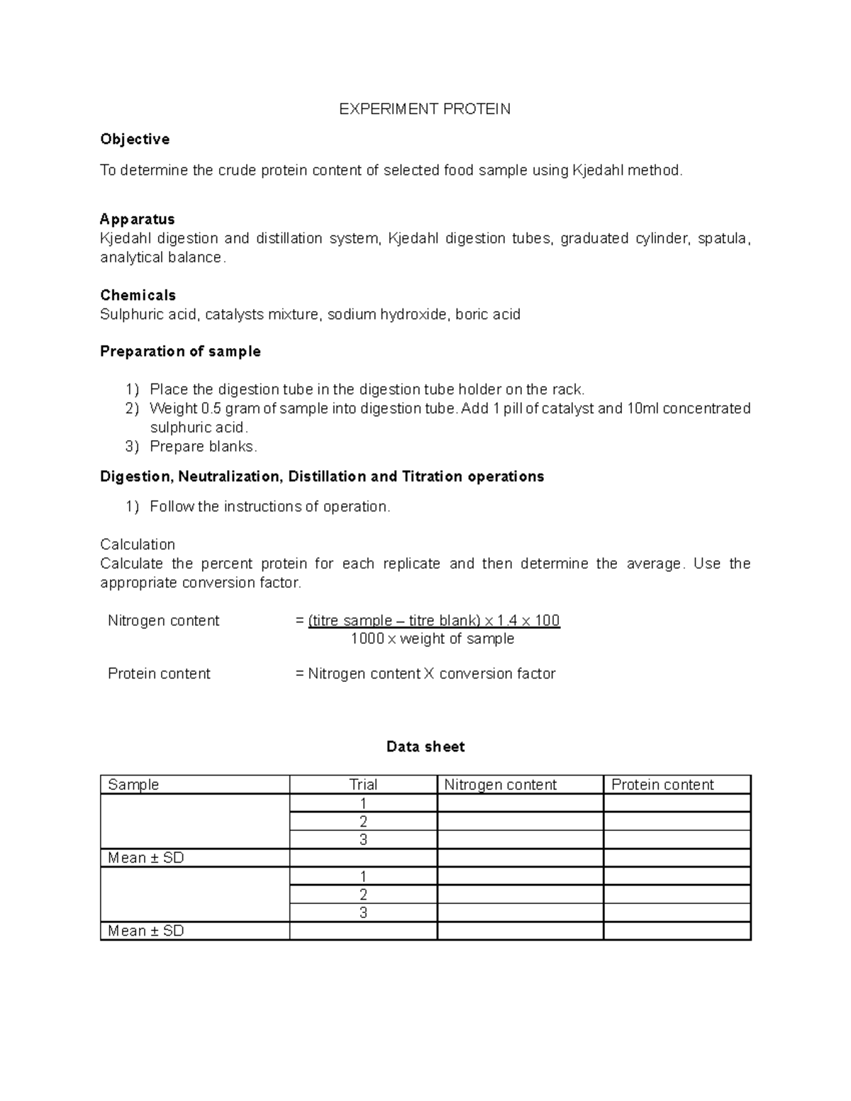 3. Experiment Protein - ….. - EXPERIMENT PROTEIN Objective To determine ...