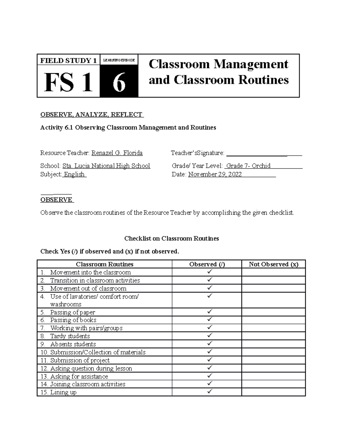 Field Study 1 Episode 6 8 - FIELD STUDY 1 LEARNING EPISODE Classroom ...